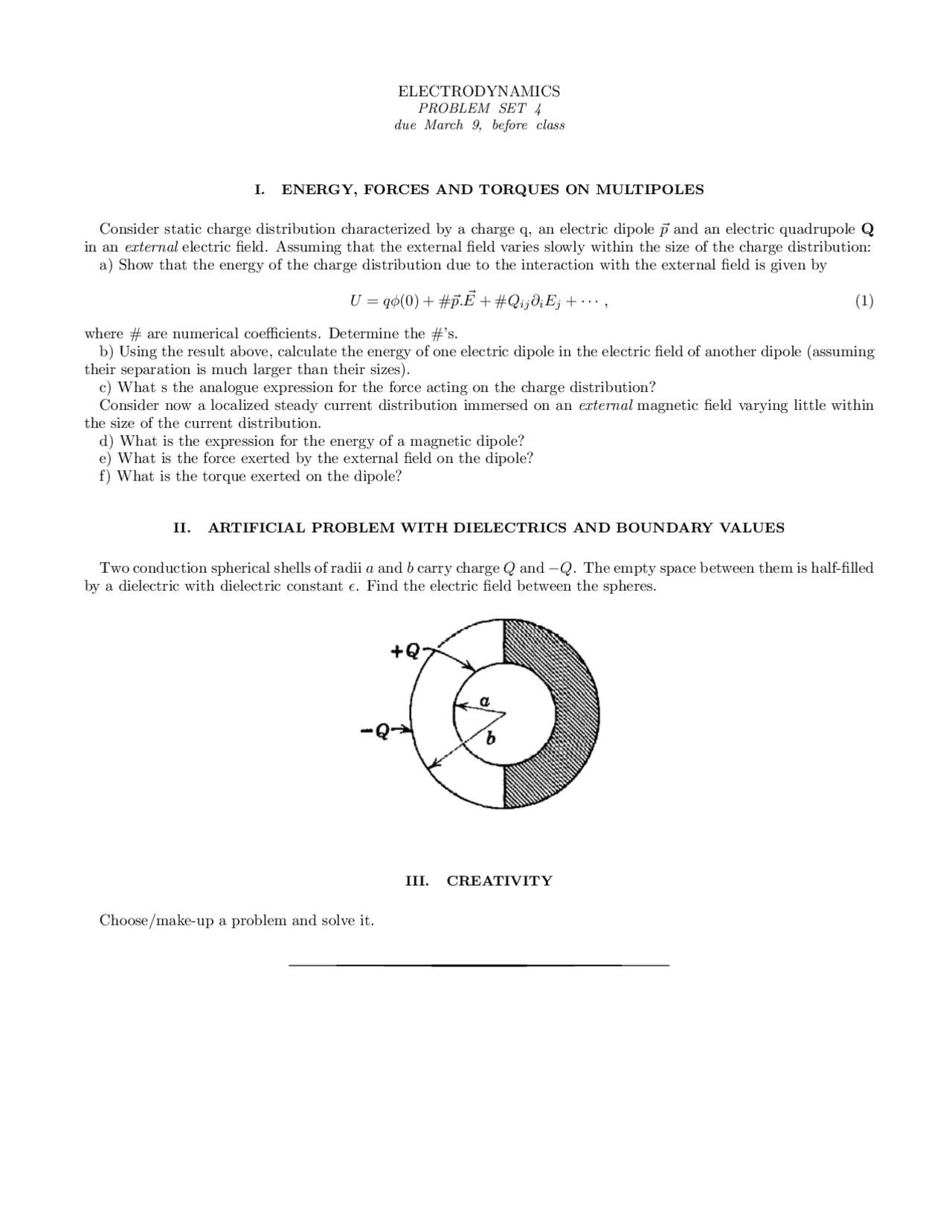 Problem On Energy Forces And Torque On Multipoles Assignment Phys