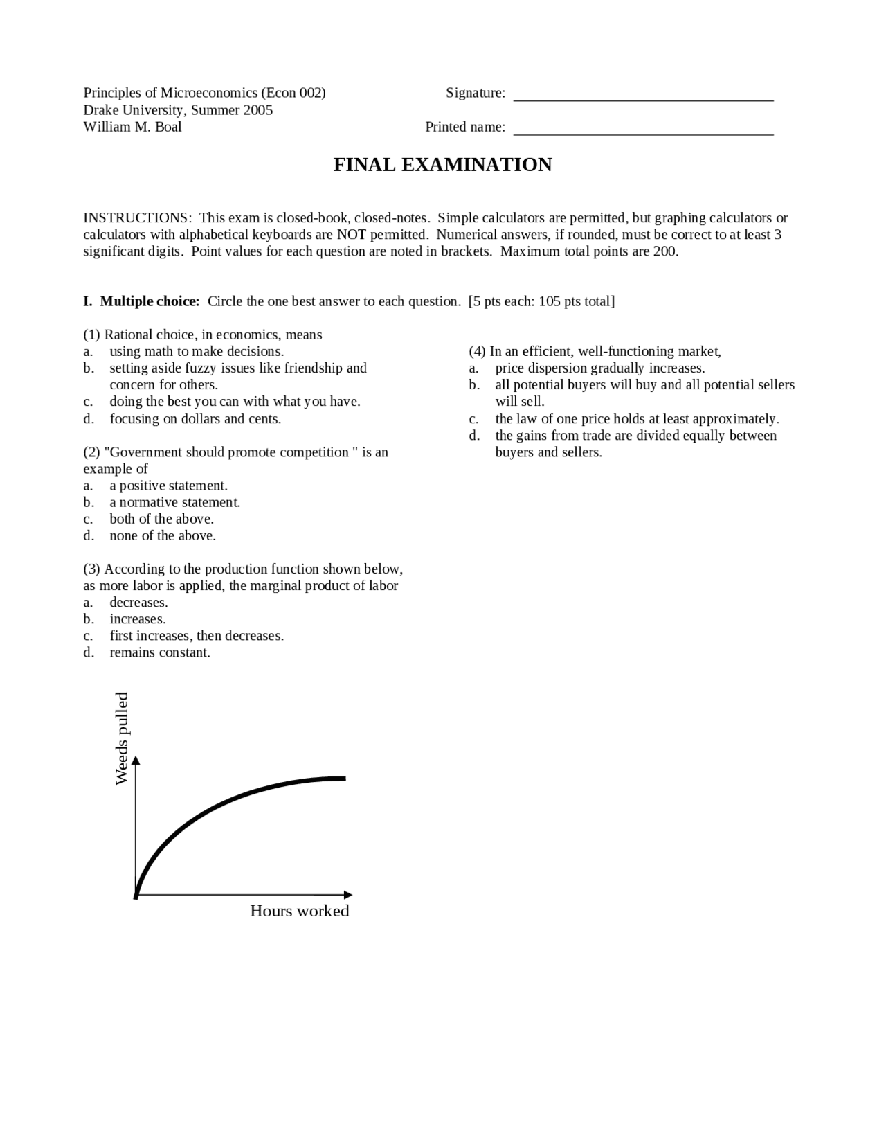 Final Examination Principles Of Microeconomics Econ 002 Docsity