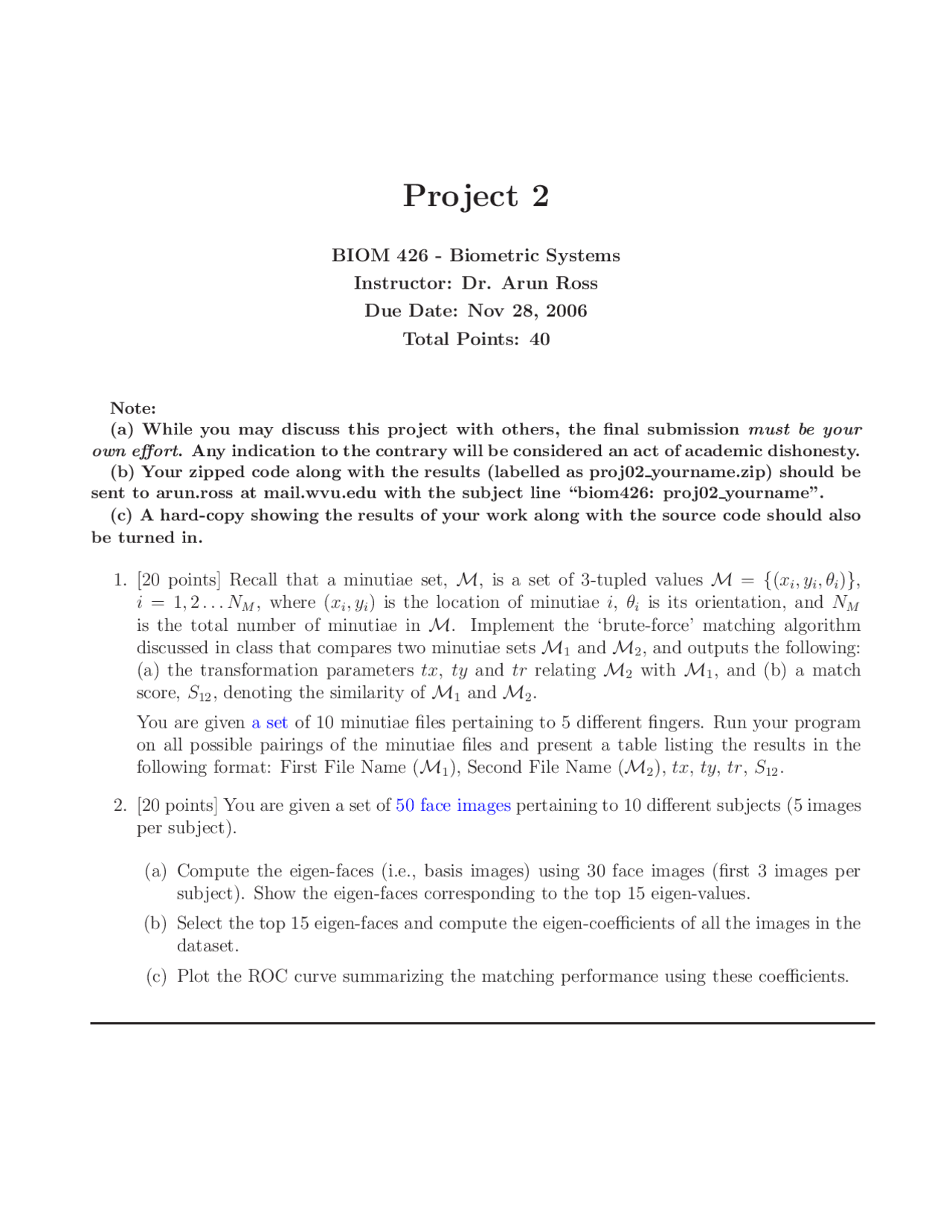 Project 2 On Biometric System Fall 2006 Biom 426 Docsity