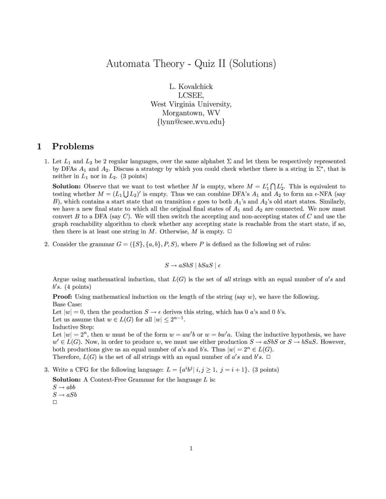 Quiz Ii With Solutions Automata Theory Cs 422 Docsity