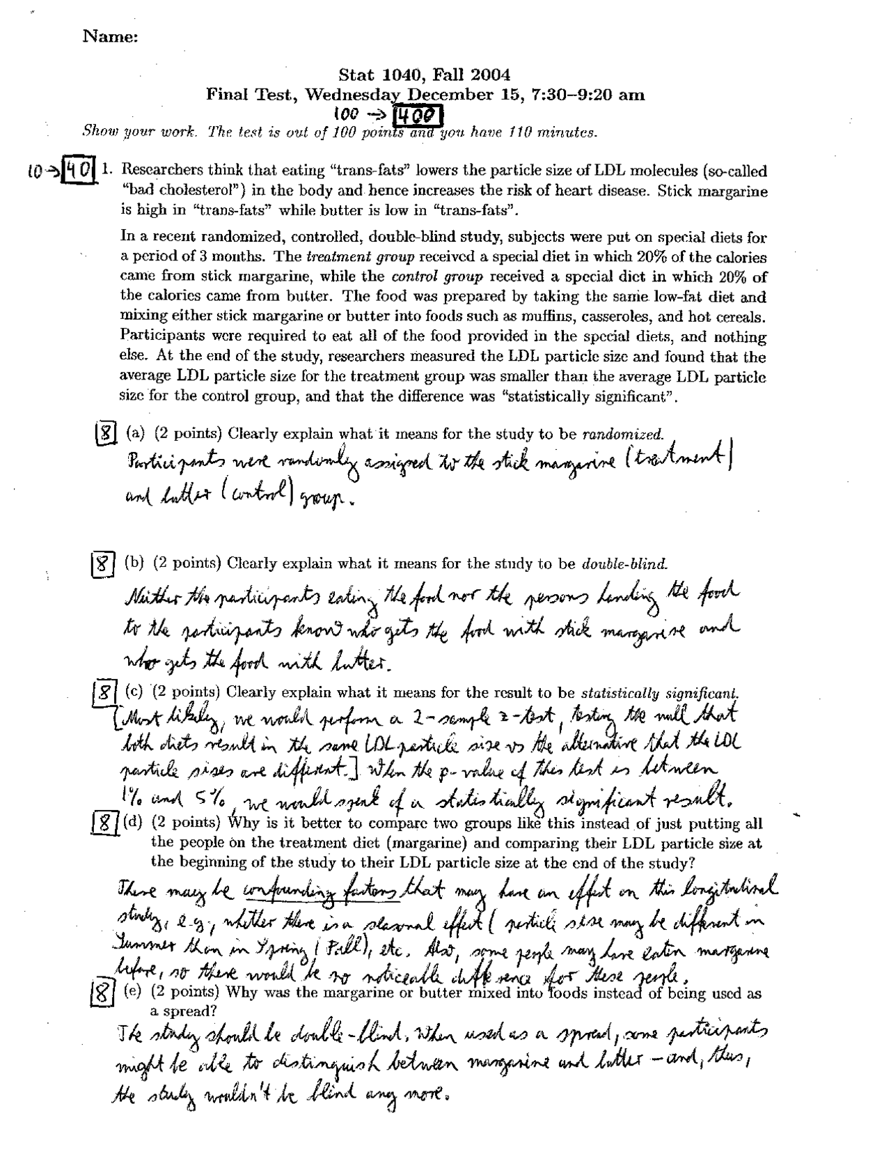 Past Final Exam With Solution Fall 2004 Introduction To Statistics Stat 1040 Docsity