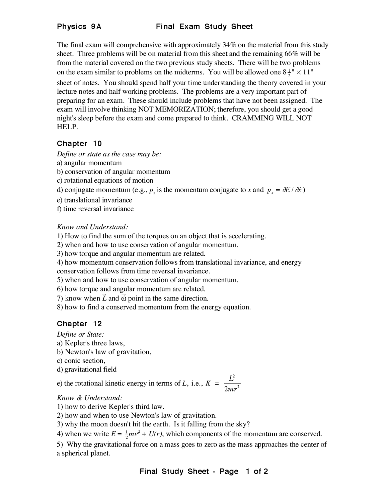 Angular Momentum, Classical Physics - Final Exam Study Sheet | PHY 009A - Docsity