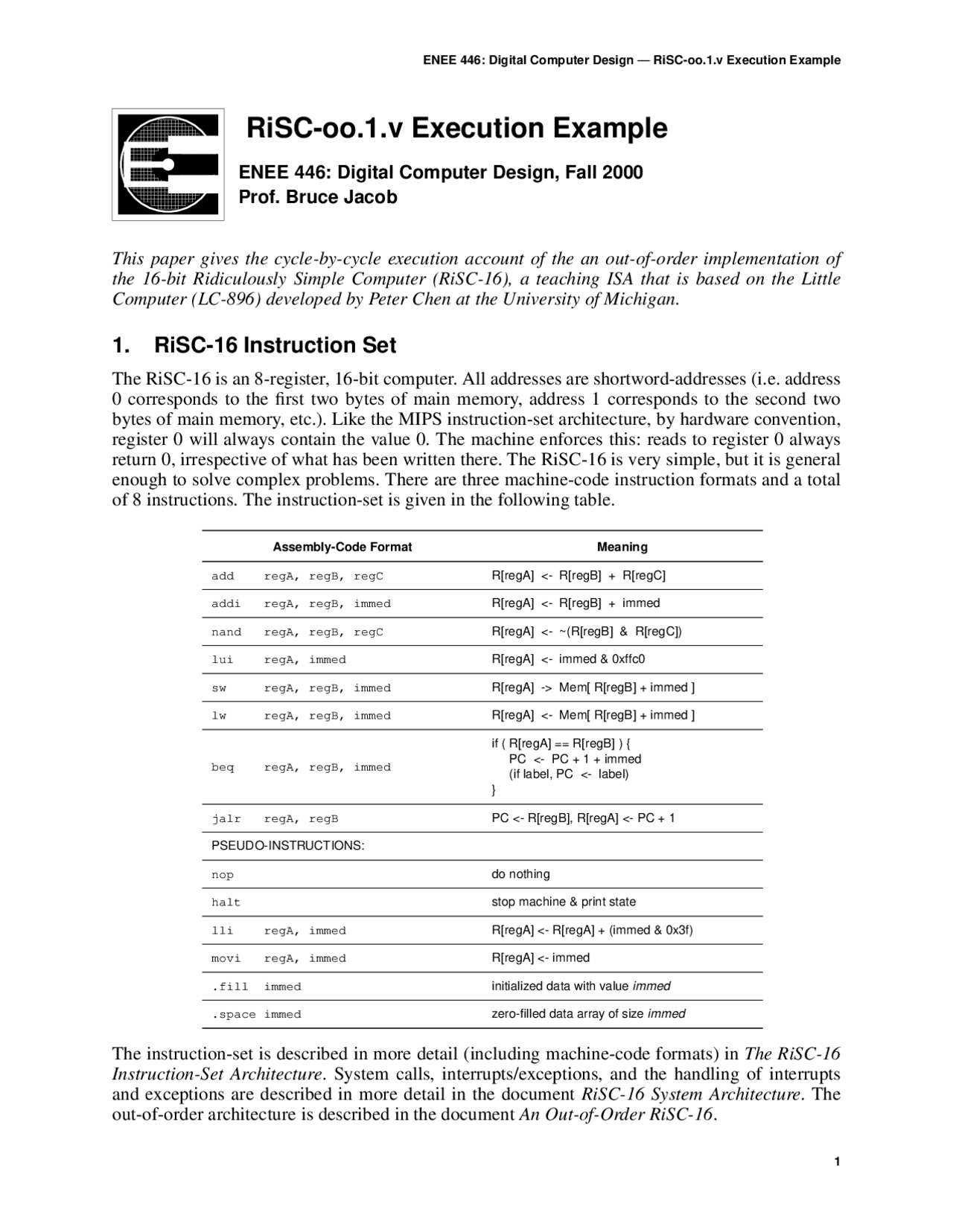 Risc Oo1v Execution Example Digital Computer Design Enee 446