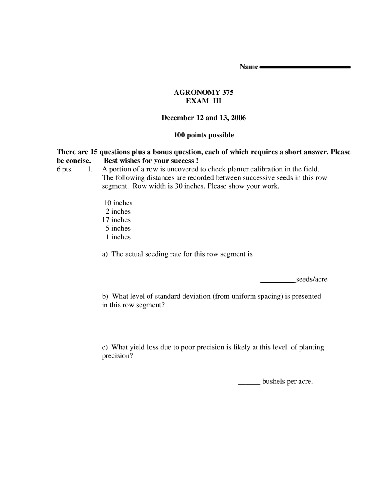 15 Questions For Exam 3 Crop Production Systems Agry 37500 Docsity