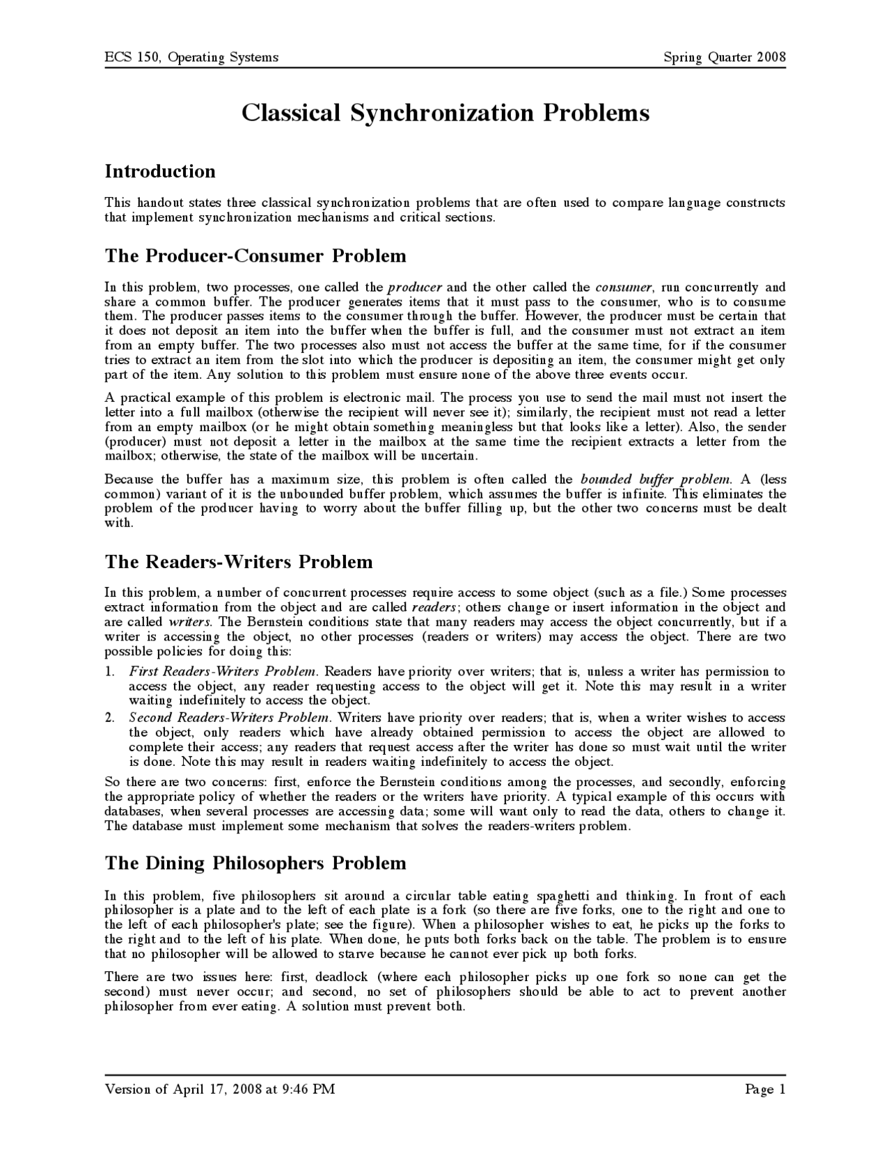 Classical Synchronization Problems For Operating Systems Ecs 150 Docsity