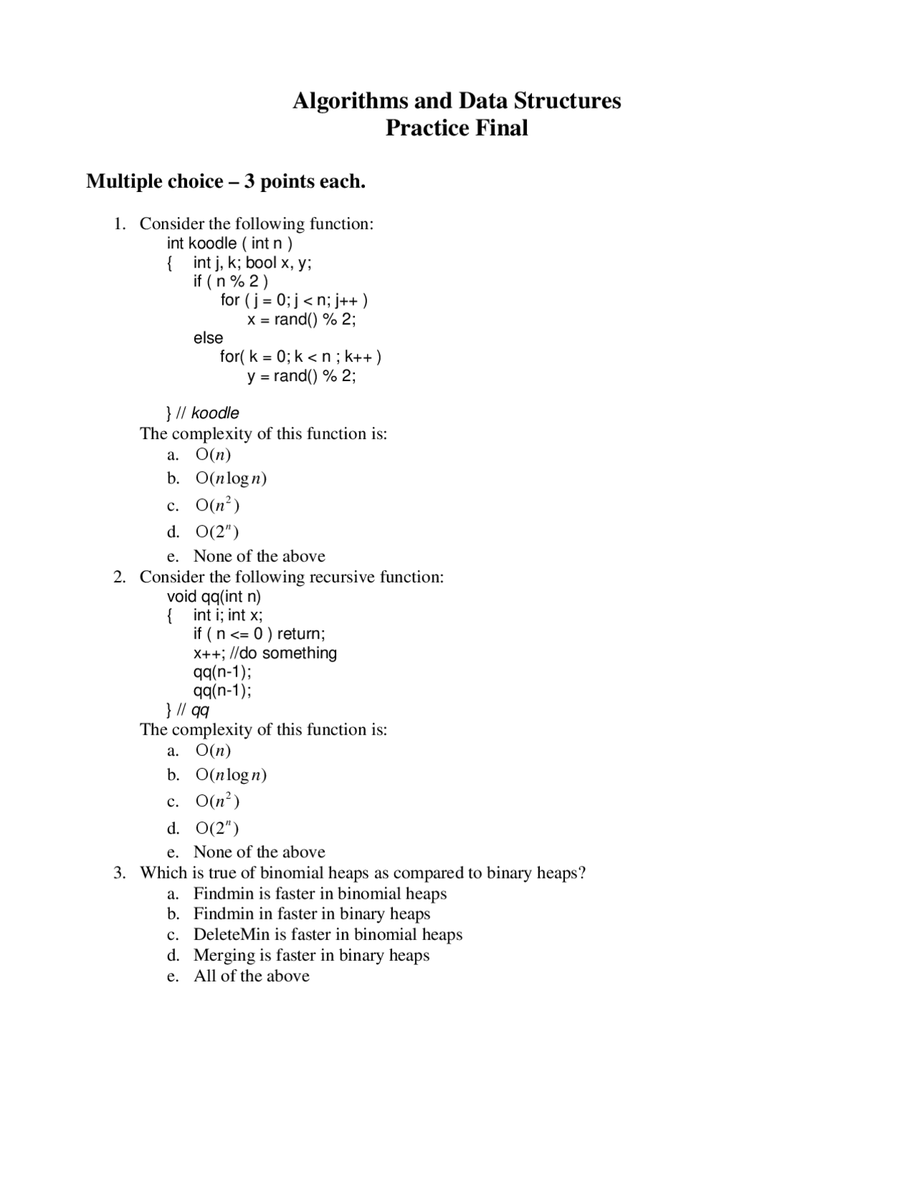 Practice Final Exam Algorithms And Data Structures Cs 2420 Docsity
