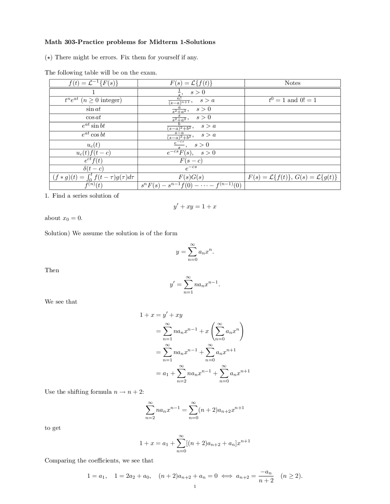 Midterm Exam 1 Solutions Partial Differential Equations Ma 30300