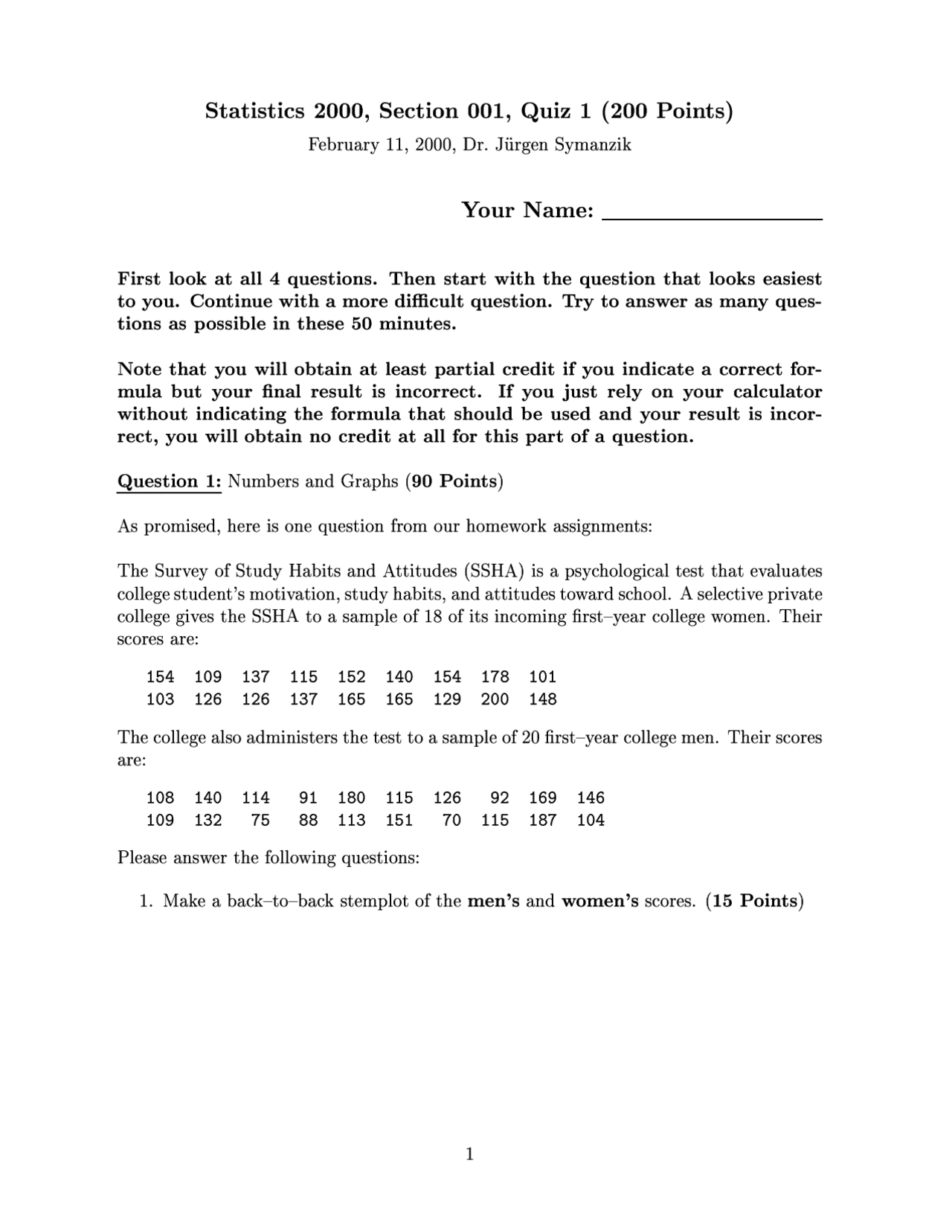 Practice Quiz 1 Statistical Methods Stat 2000 Docsity