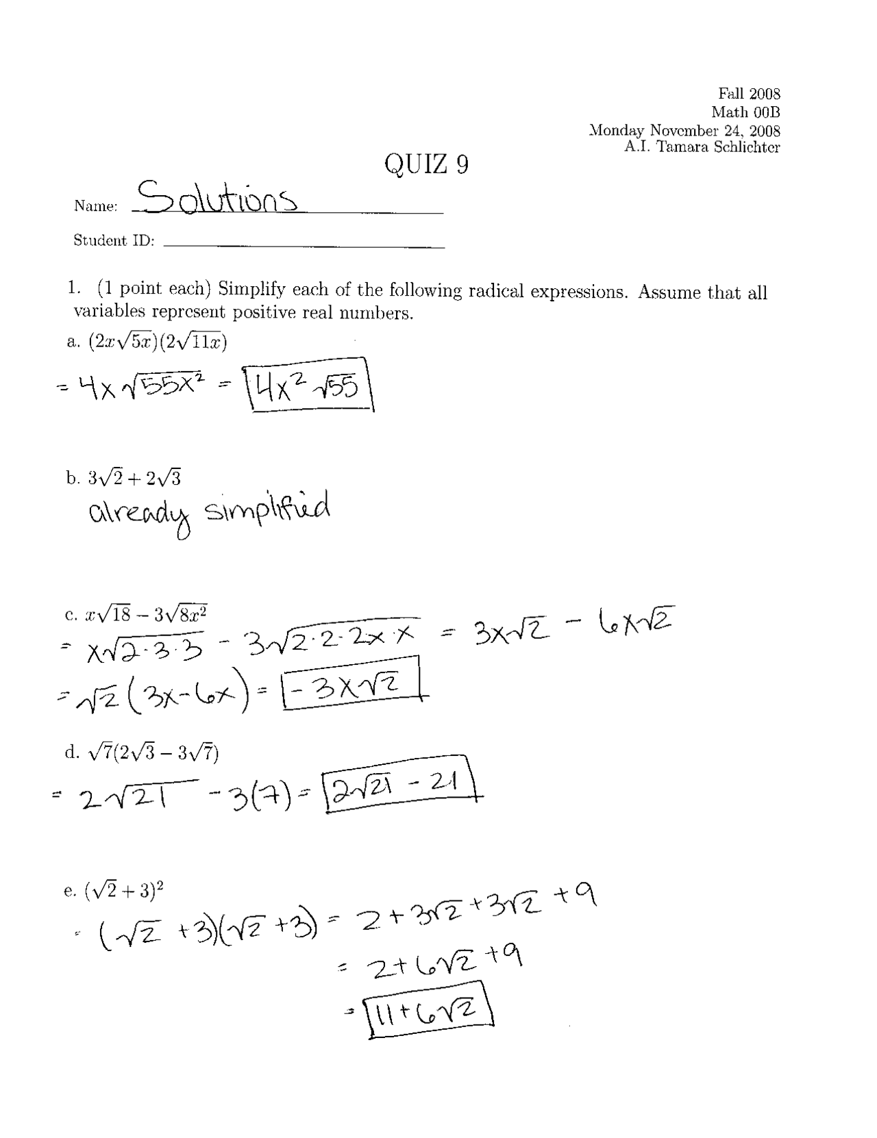 Quiz 9 With Solutions For Elementary Algebra Mat 000b Docsity