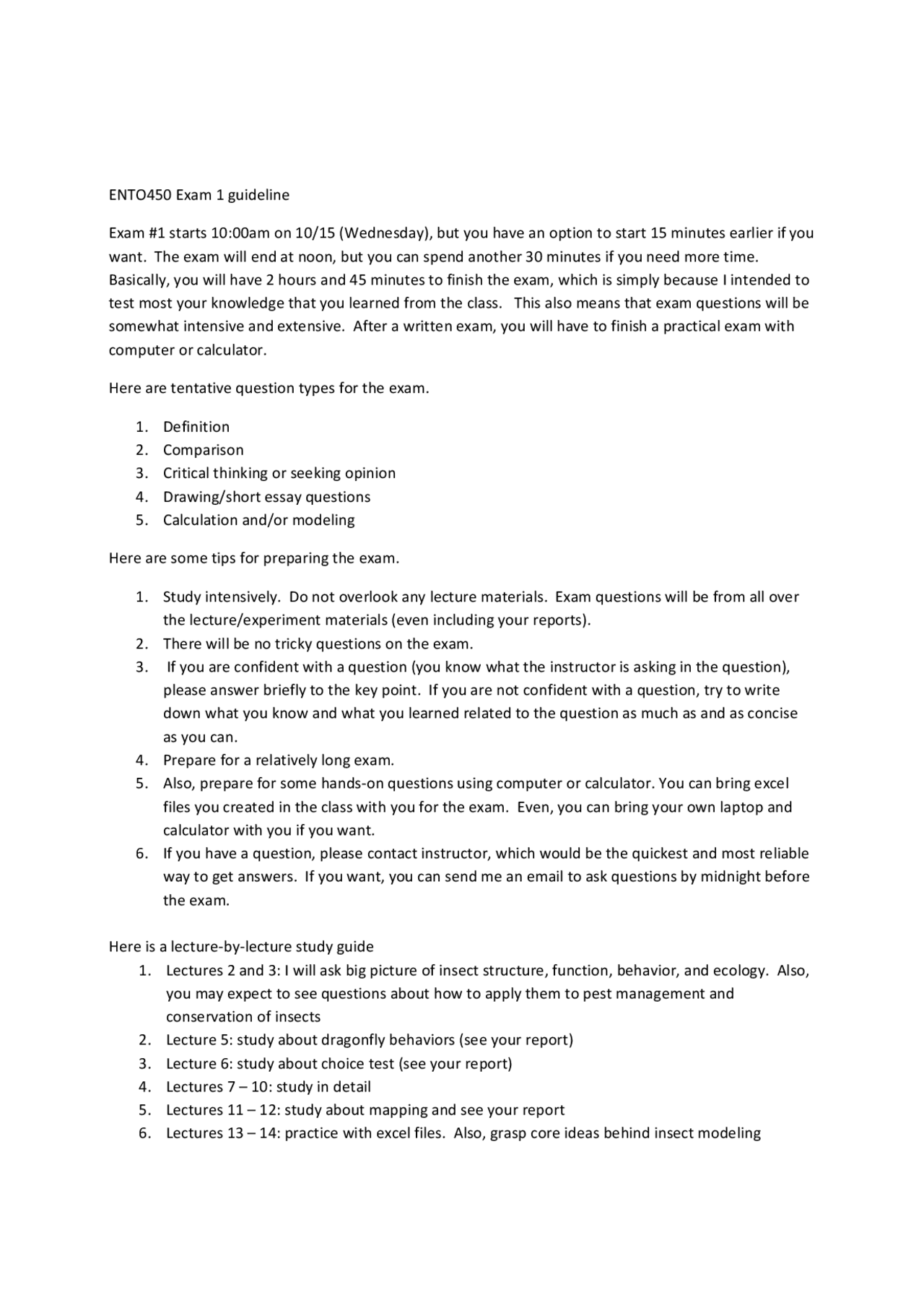 Past Examination 1 Guidelines Insect Ecology Ento 450 Exams