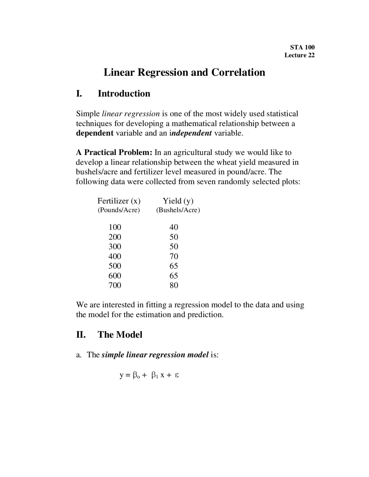 Linear Regression And Correlation Lecture Notes Sta 100 Docsity