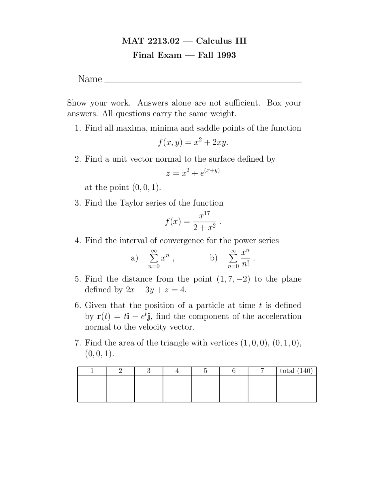 7 Questions For Final Examination Calculus Iii Mat 2213 Docsity