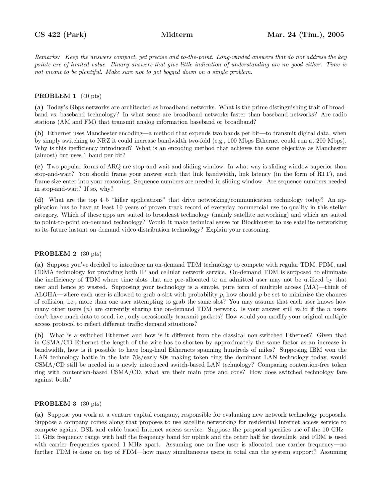 Midterm Problems For Solution Computer Networks Cs 42200 Docsity