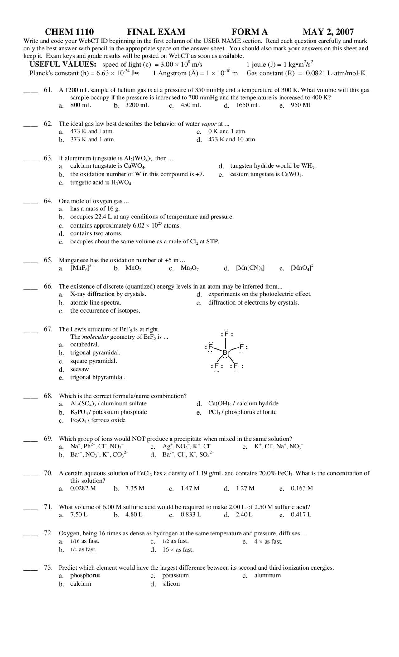 General Chemistry - Final Exam Solutions - Fall 2007 | CHEM 1110 - Docsity