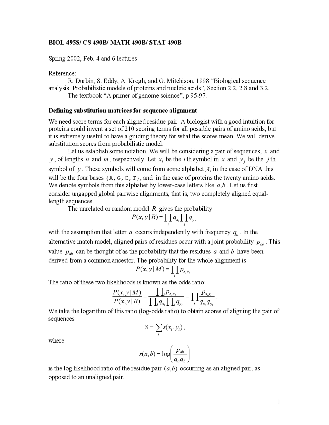 Defining Substitution Matrices For Sequence Alignment Stat 49000 Docsity