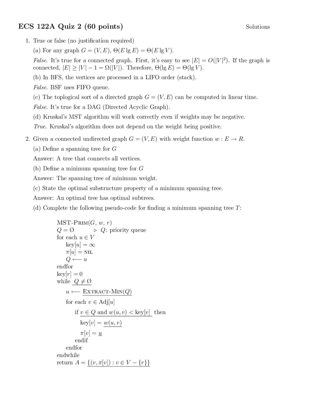 Quiz With Solution For Algorithm Design Ecs 122a Docsity 8321