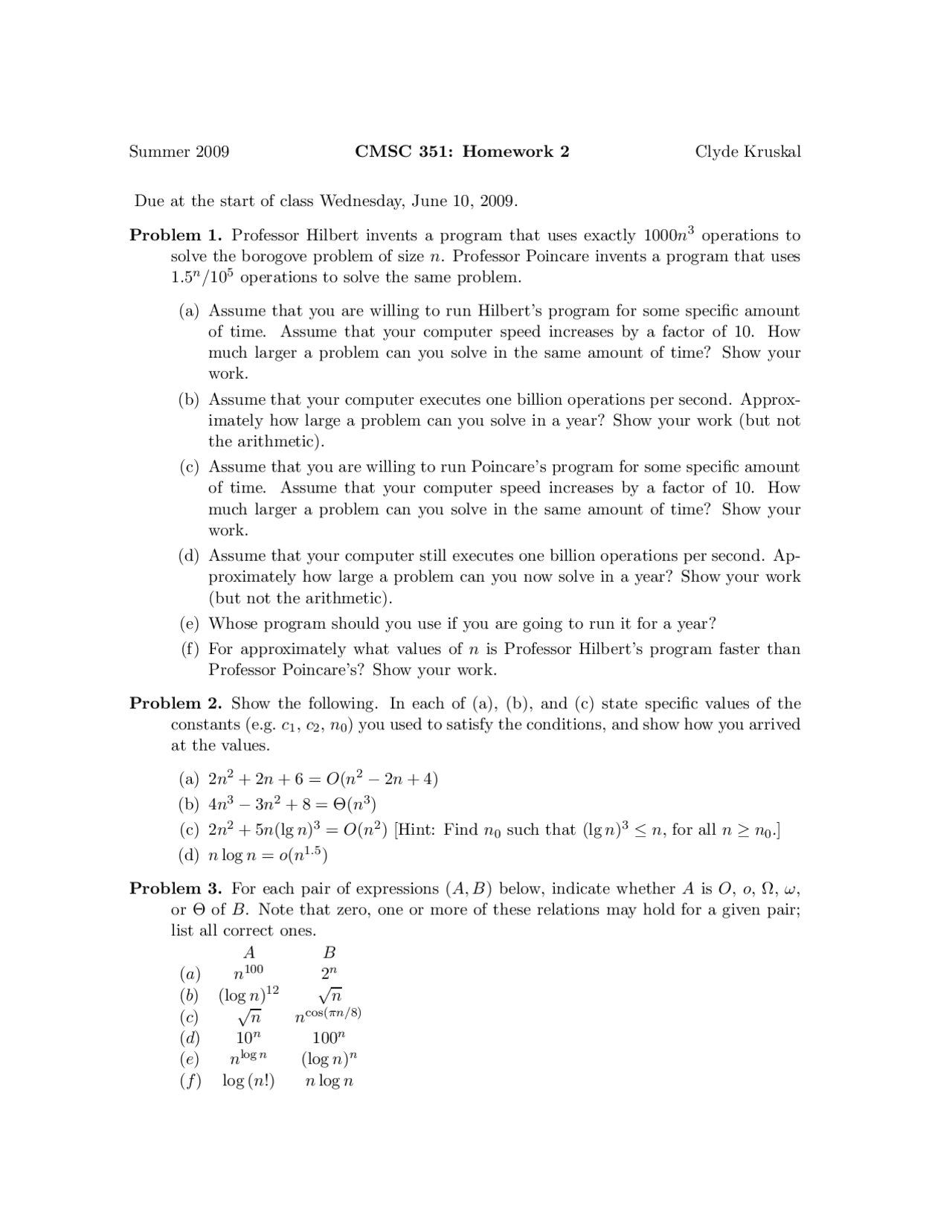4 Problems Homework 2 Algorithms Cmsc 351 Docsity