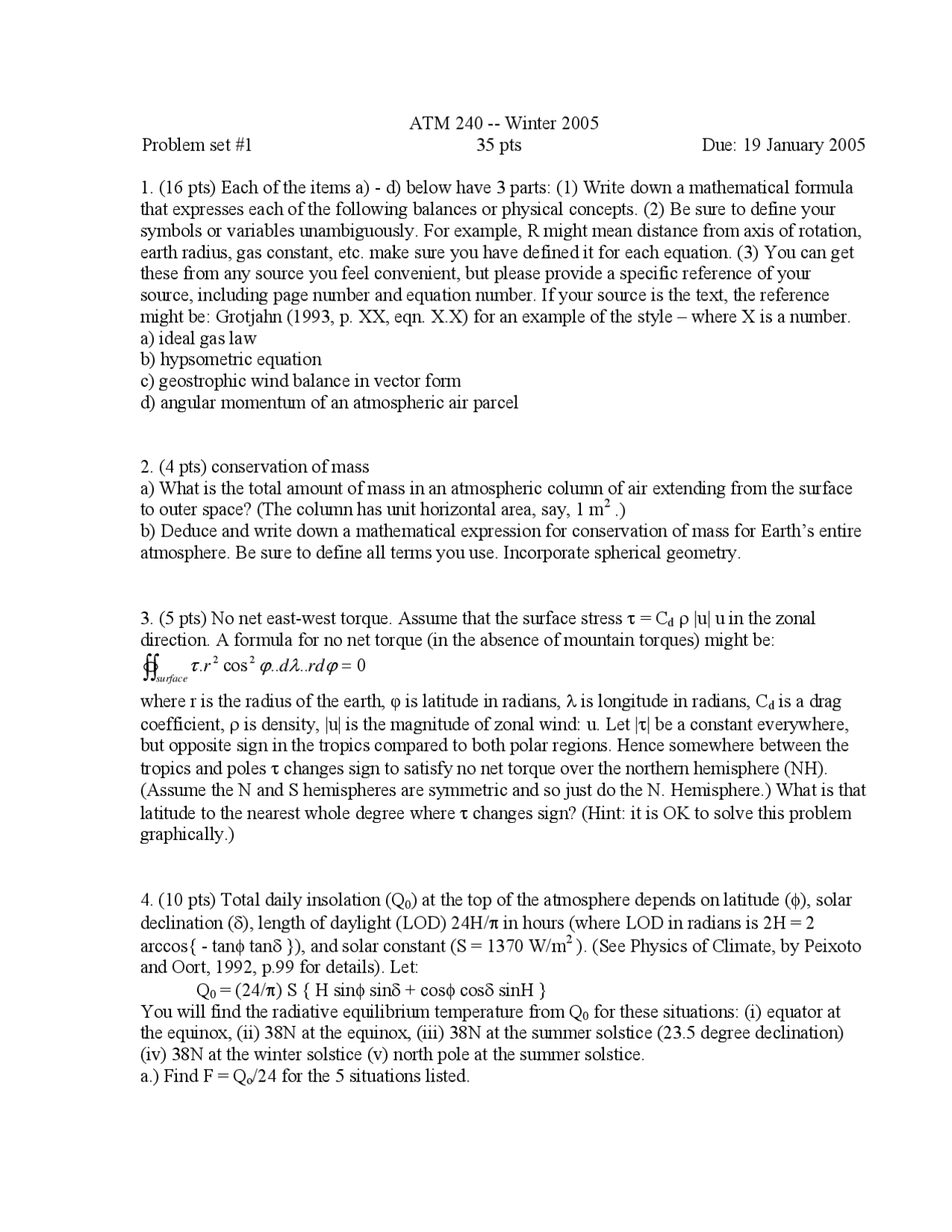 General Circulation Of The Atmosphere Problem Set 1 Atm 240 Docsity