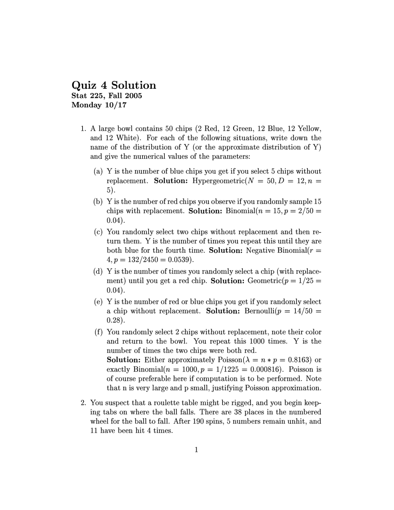 Quiz 4 Solutions - Introduction To Probability Models | STAT 22500 - Docsity