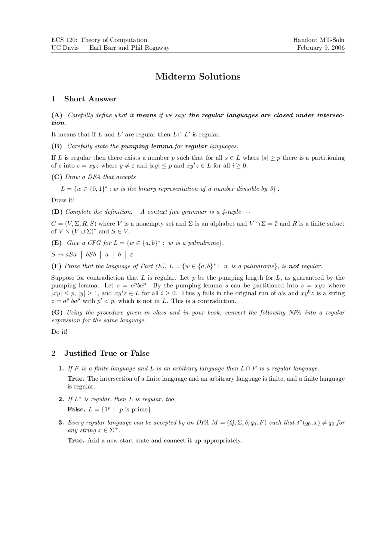 Midterm Exam Solutions Introduction To Theory Computation Ecs 120 Docsity