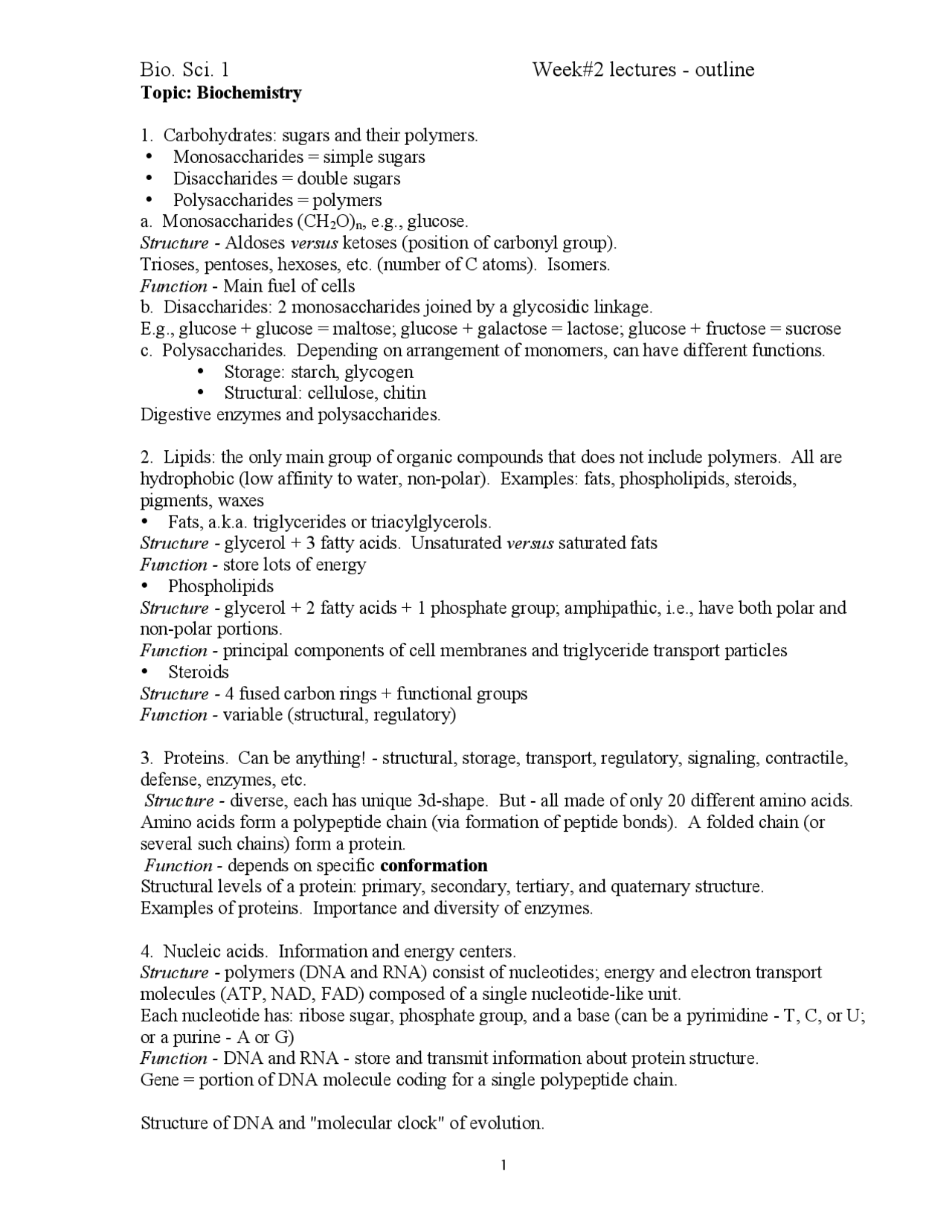 Biochemistry Lecture Outline Biol 0001 Docsity