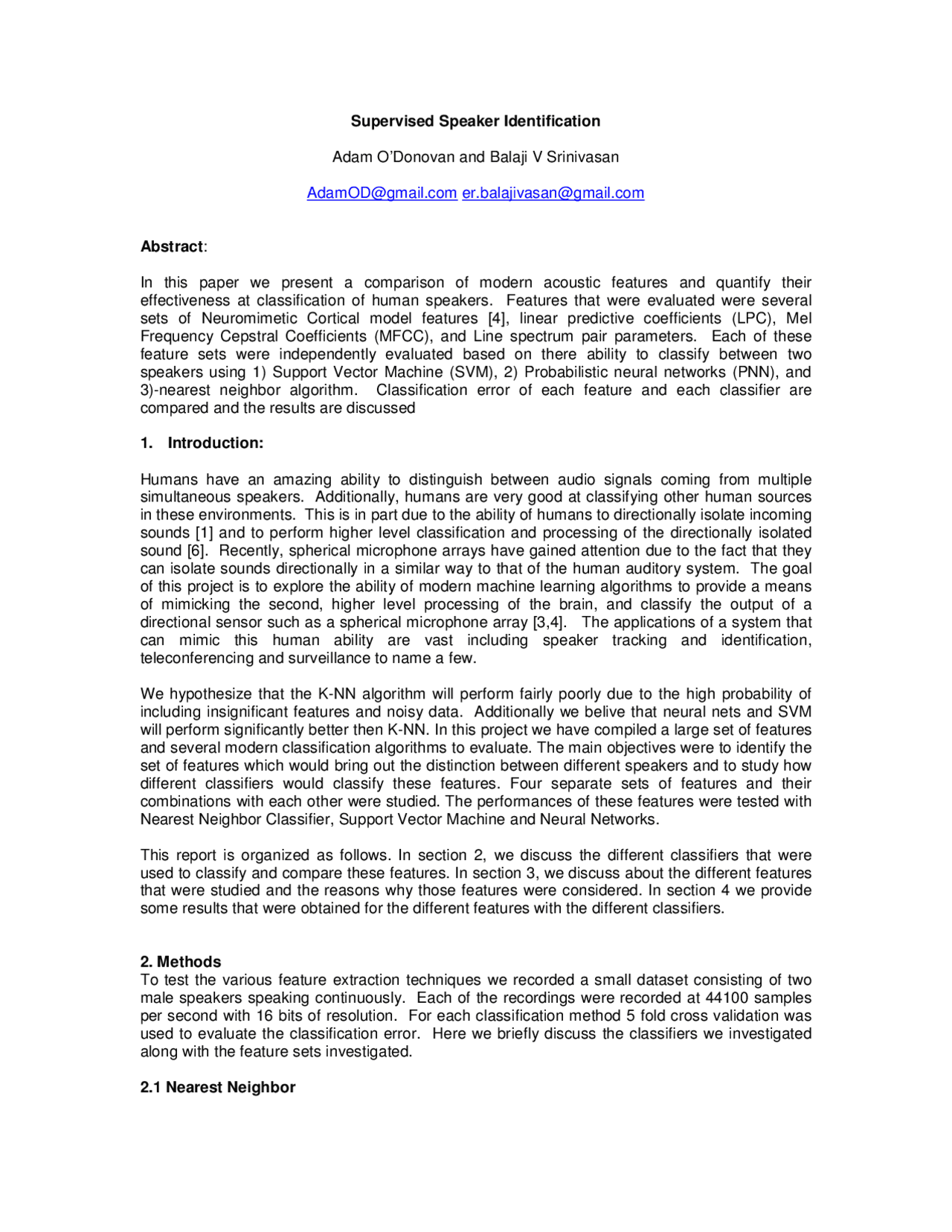 Supervised Speaker Identification - Machine Learning | CMSC 726 - Docsity