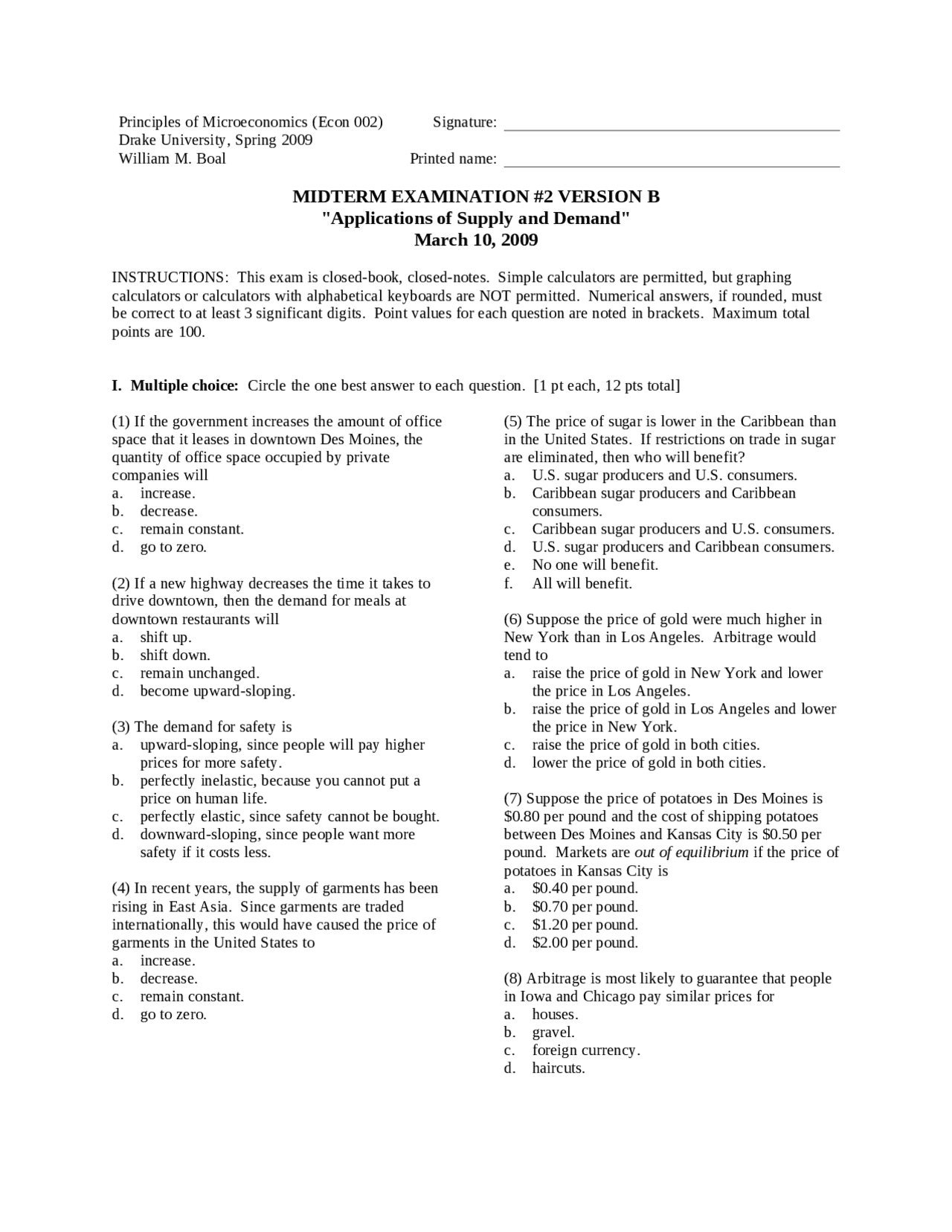 12 Mcqs On Application Of Supply And Demand Midterm Exam Econ 002
