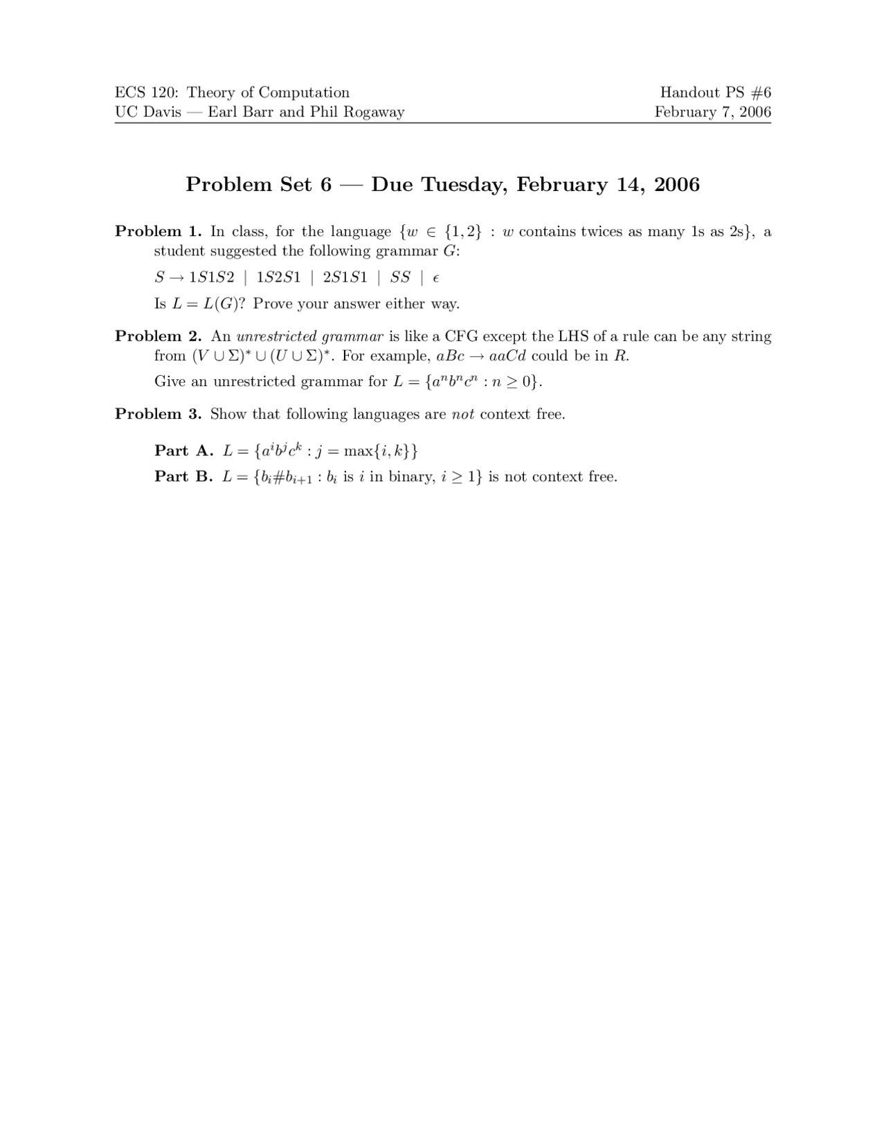 Introduction To Theory Computation Homework 6 Ecs 120 Docsity