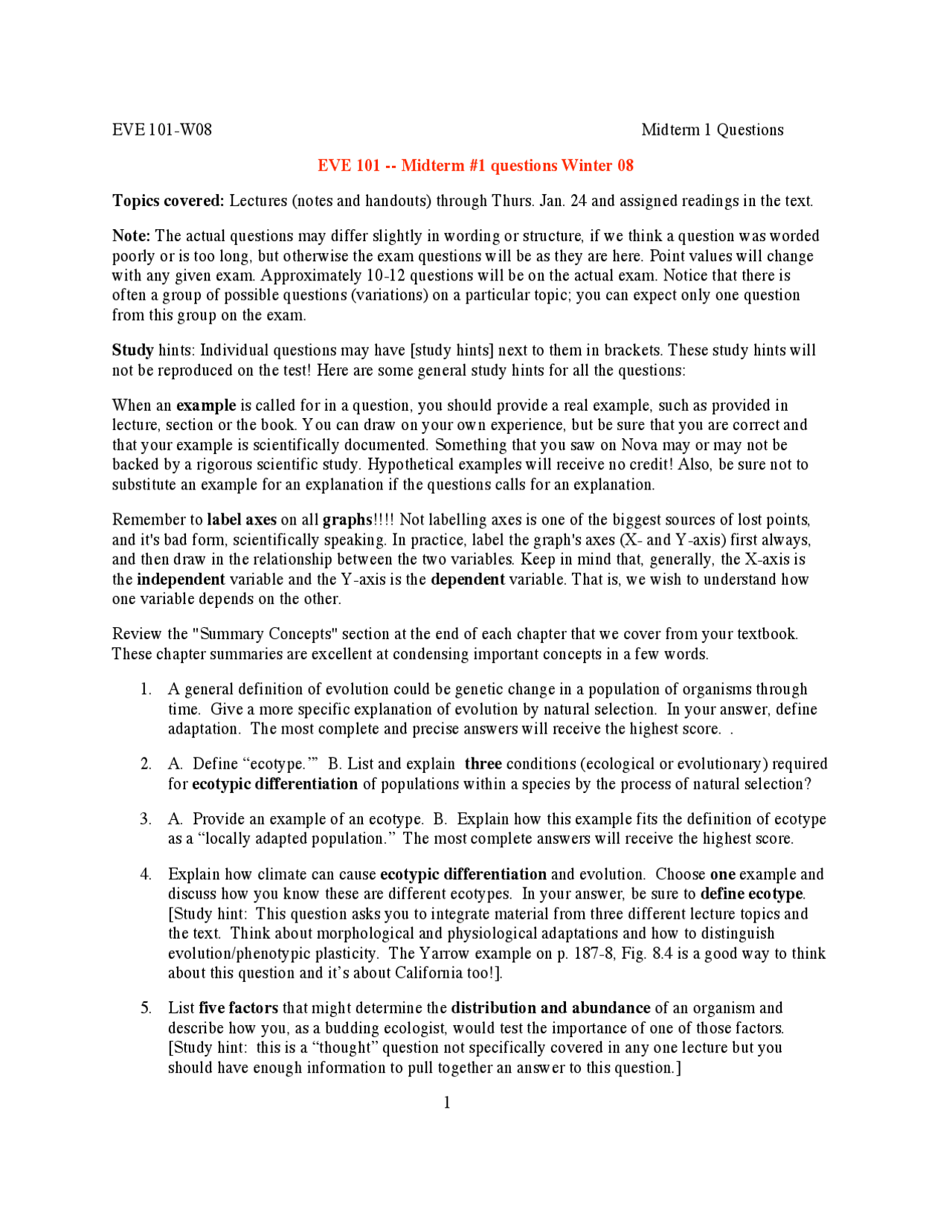 Midterm Exam 1 Review Questions Introduction To Ecology Eve 101