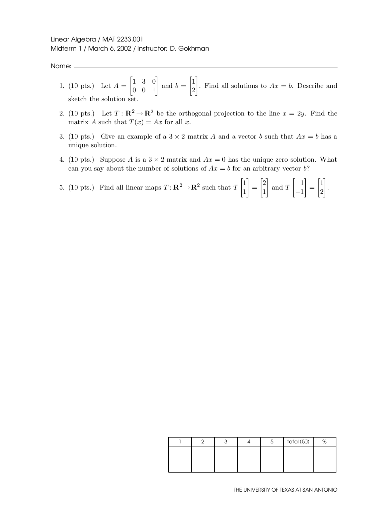 Midterm Exam 1 Questions Linear Algebra Fall 2002 Mat 2233 Docsity