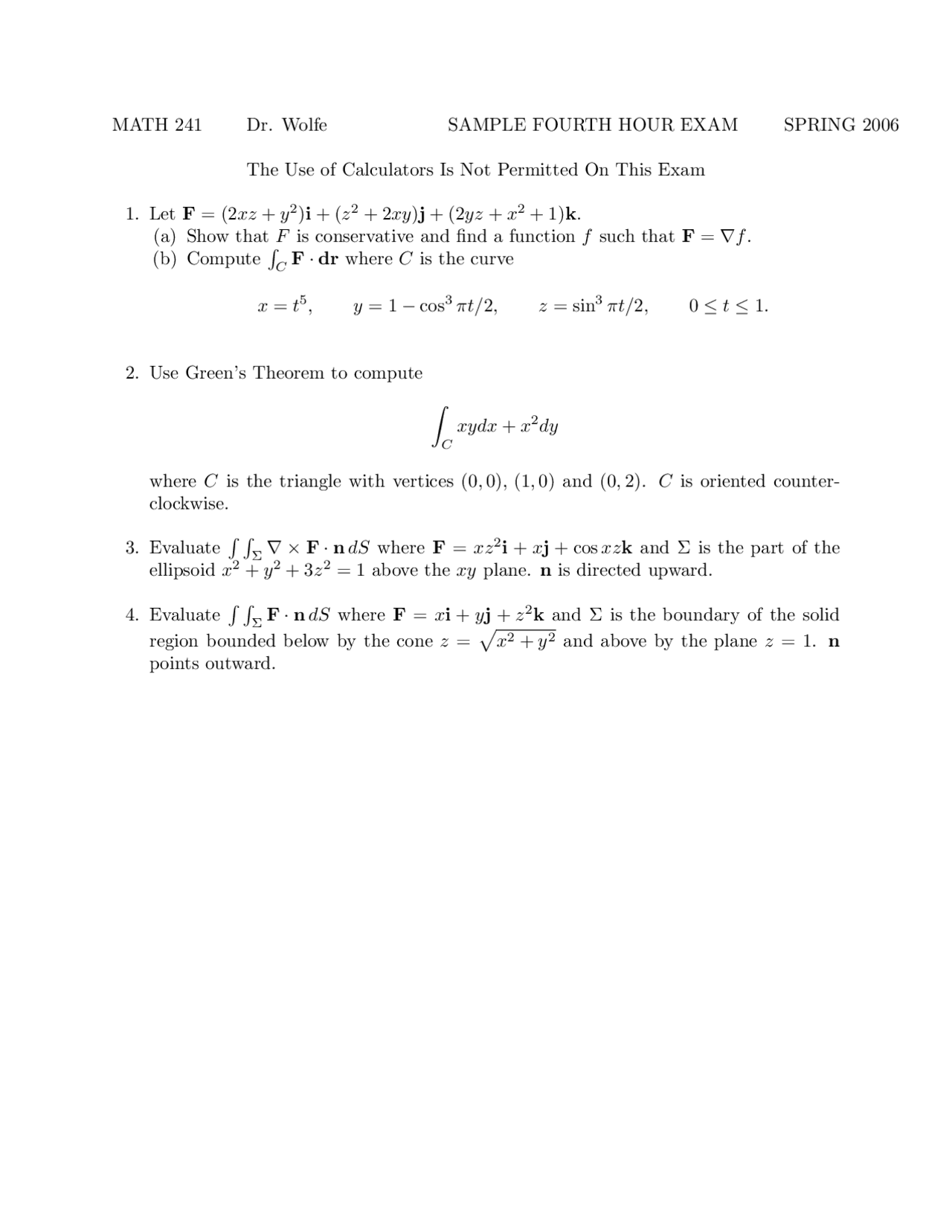 Exam 1 of Calculus 3 - Unsolved 4 Questions- Math | MATH 241 - Docsity