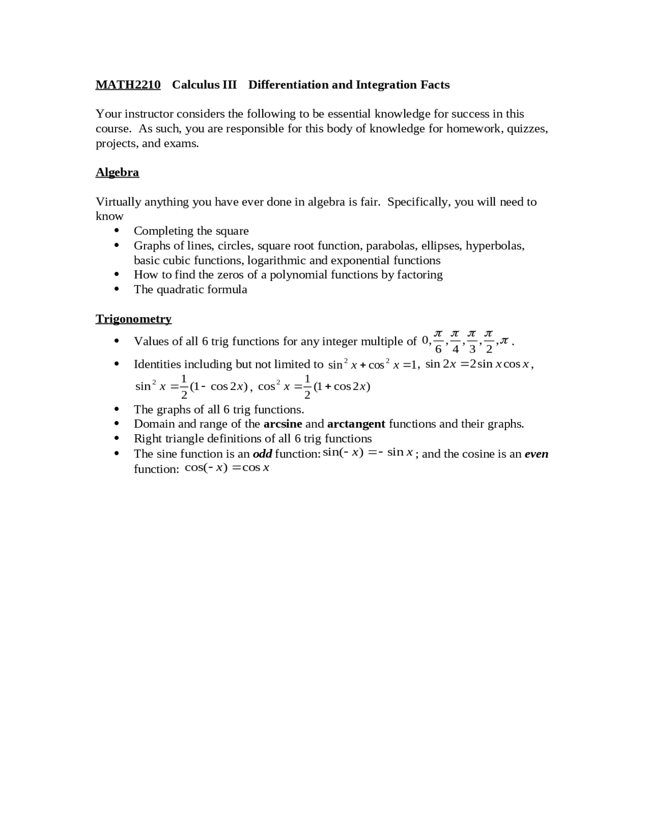 Algebra, Trigonometry, Differentiation, Integration - Notes | MATH 2210 ...