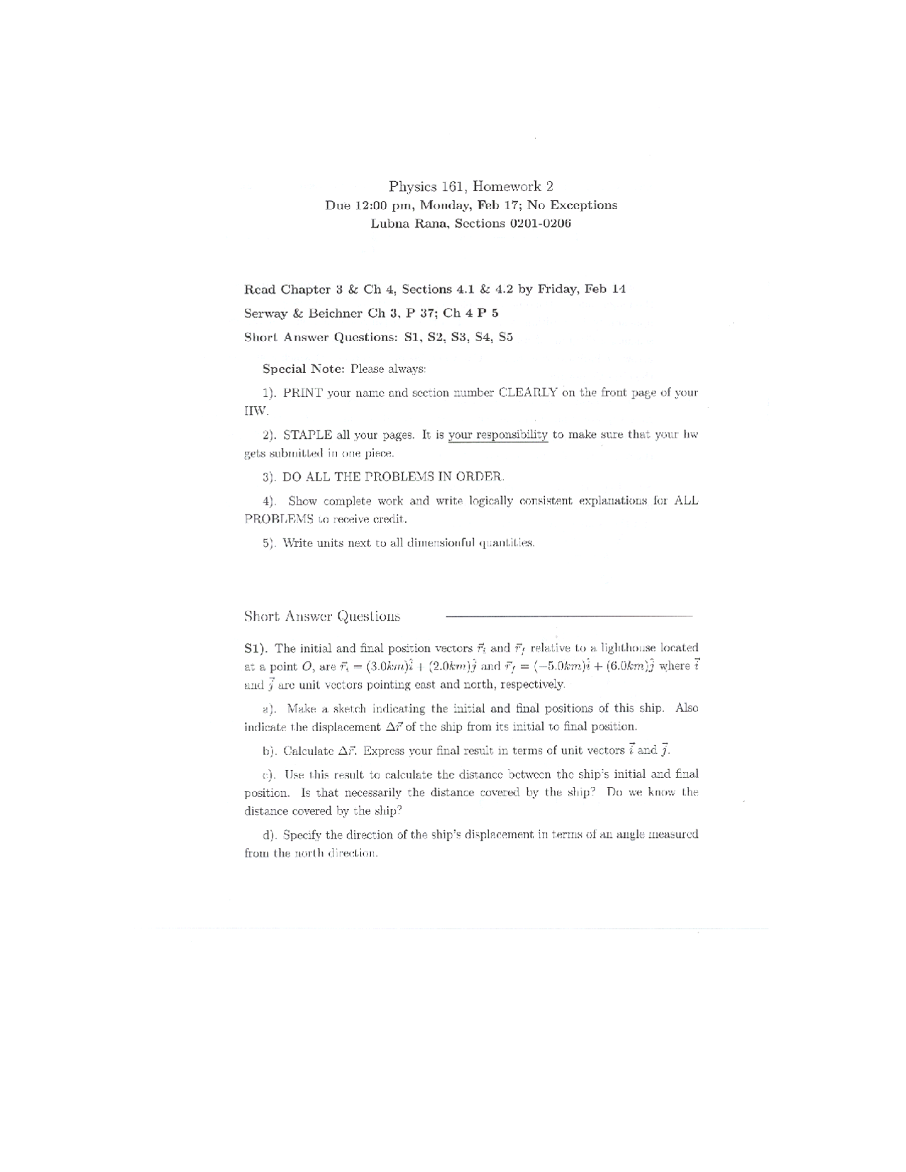 Short Answer Questions - Mechanics and Particle Dynamic - Assignment 2 | PHYS 161 | Assignments ...