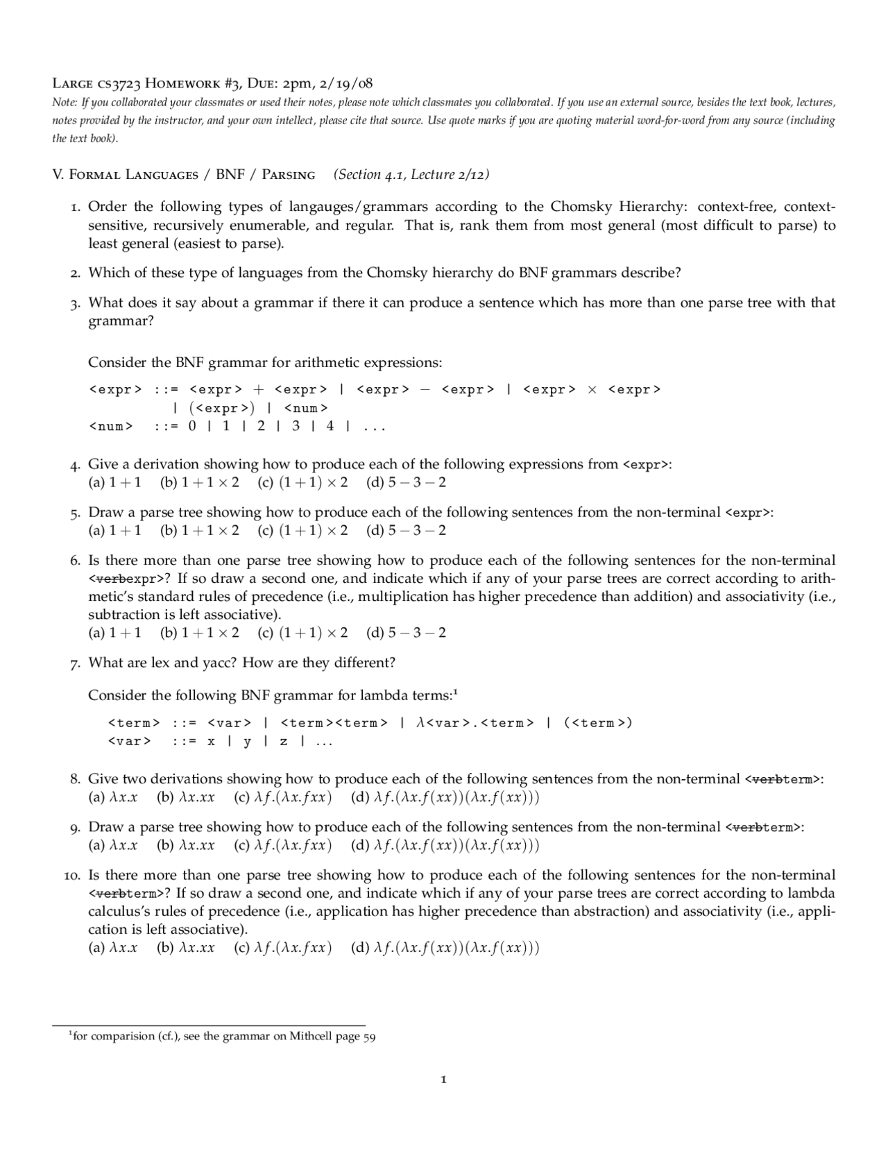 Homework 3 For Formal Language Programming Languages Cs 3723 Docsity
