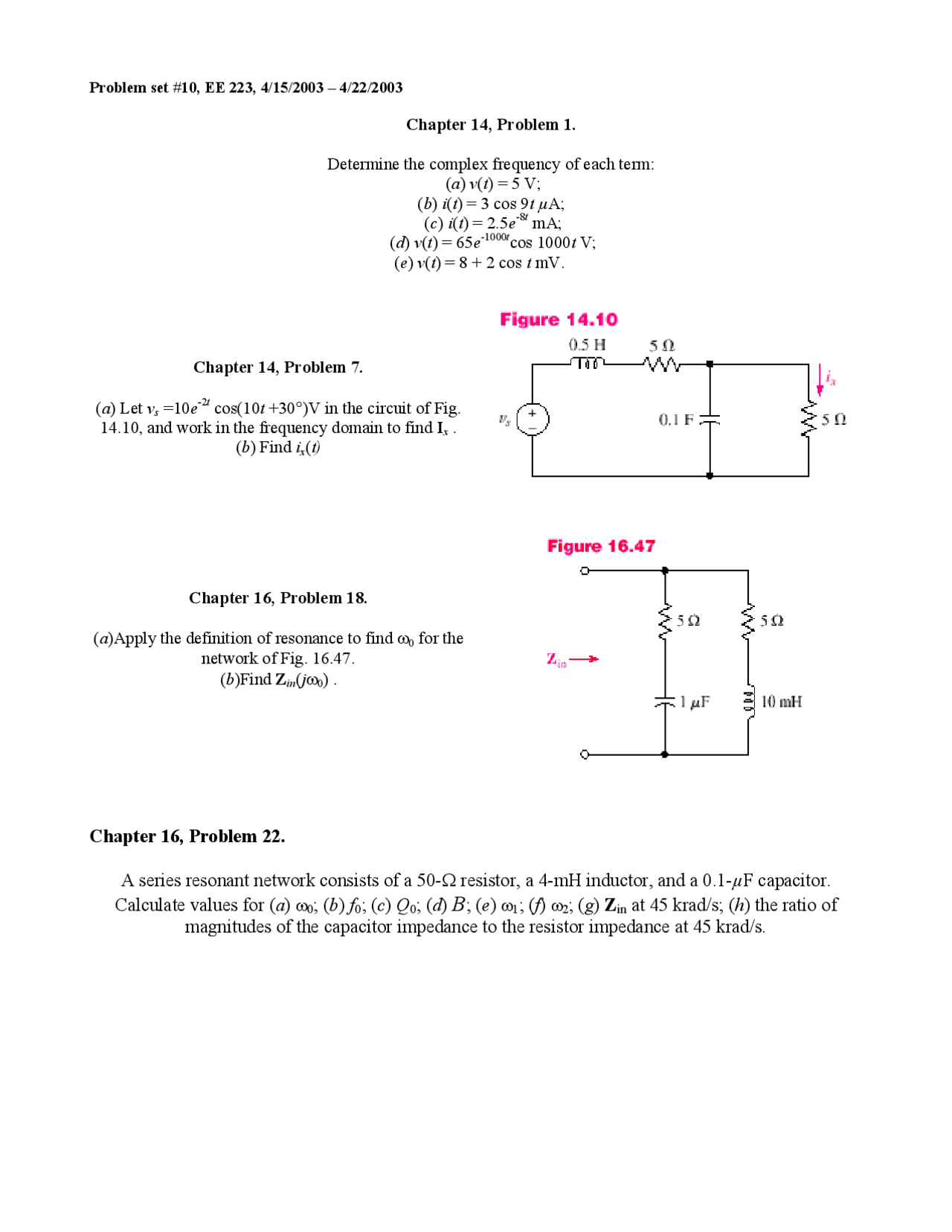 Problem Set 10 for Electrical Circuits | EE 223 - Docsity