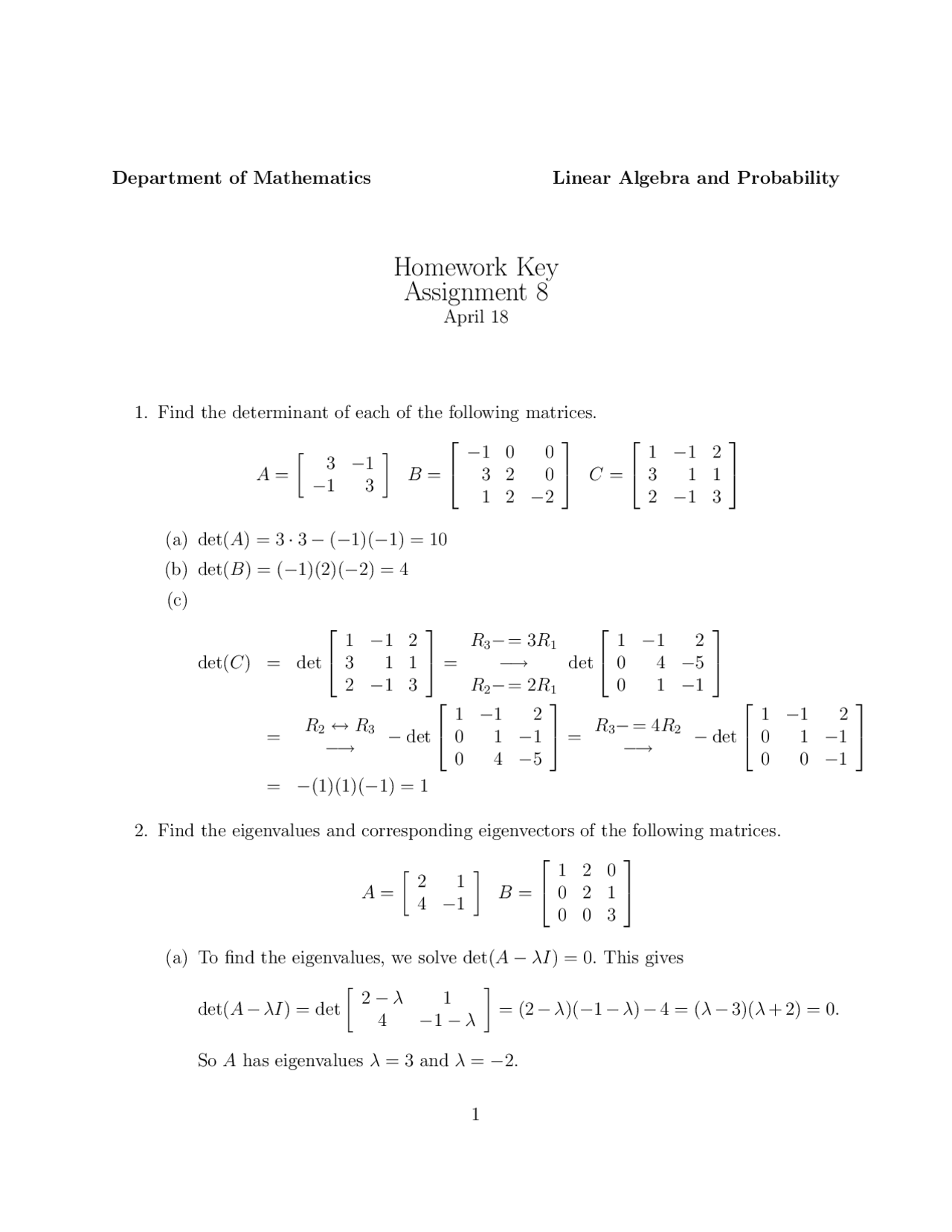 Linear Algebra and Probability - Solved Assignment 8 | MATH 202 - Docsity