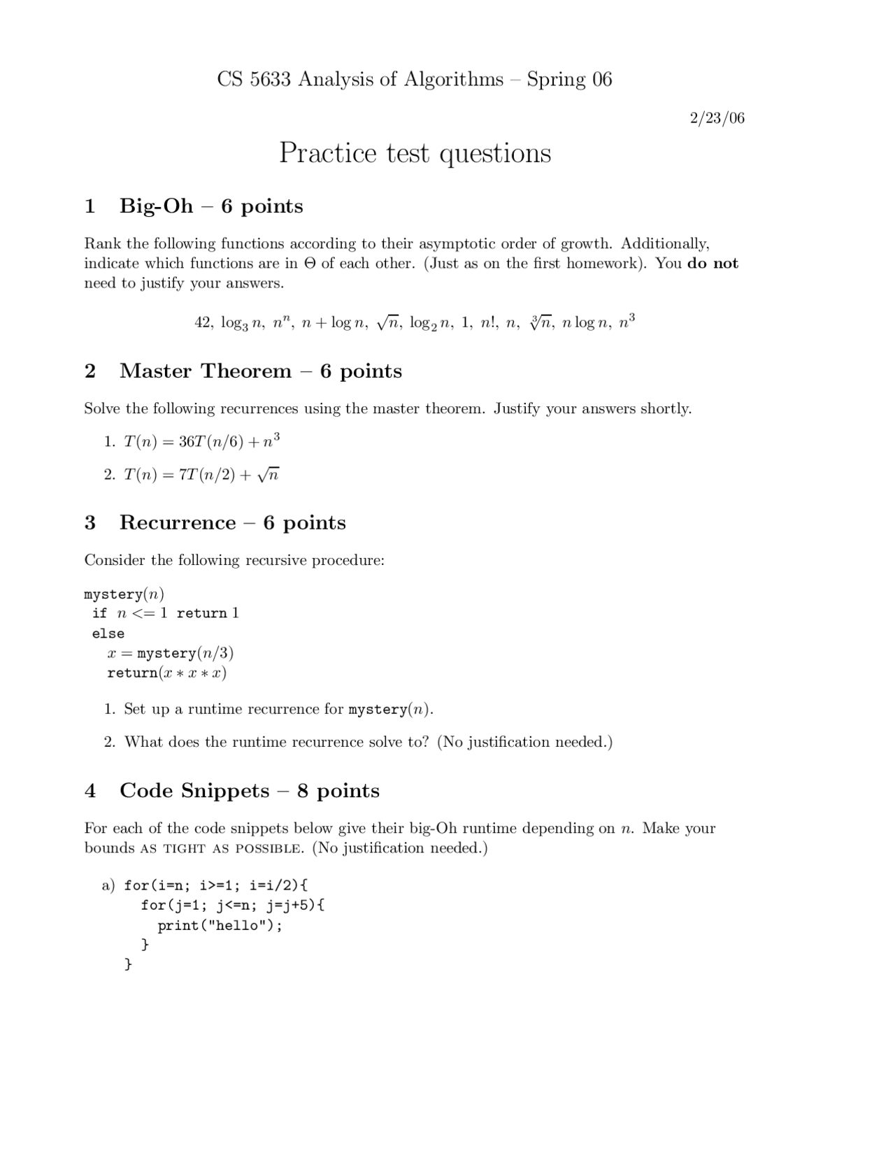 6 Practice Questions On Analysis Of Algorithms Final Examination Cs 5633 Exámenes