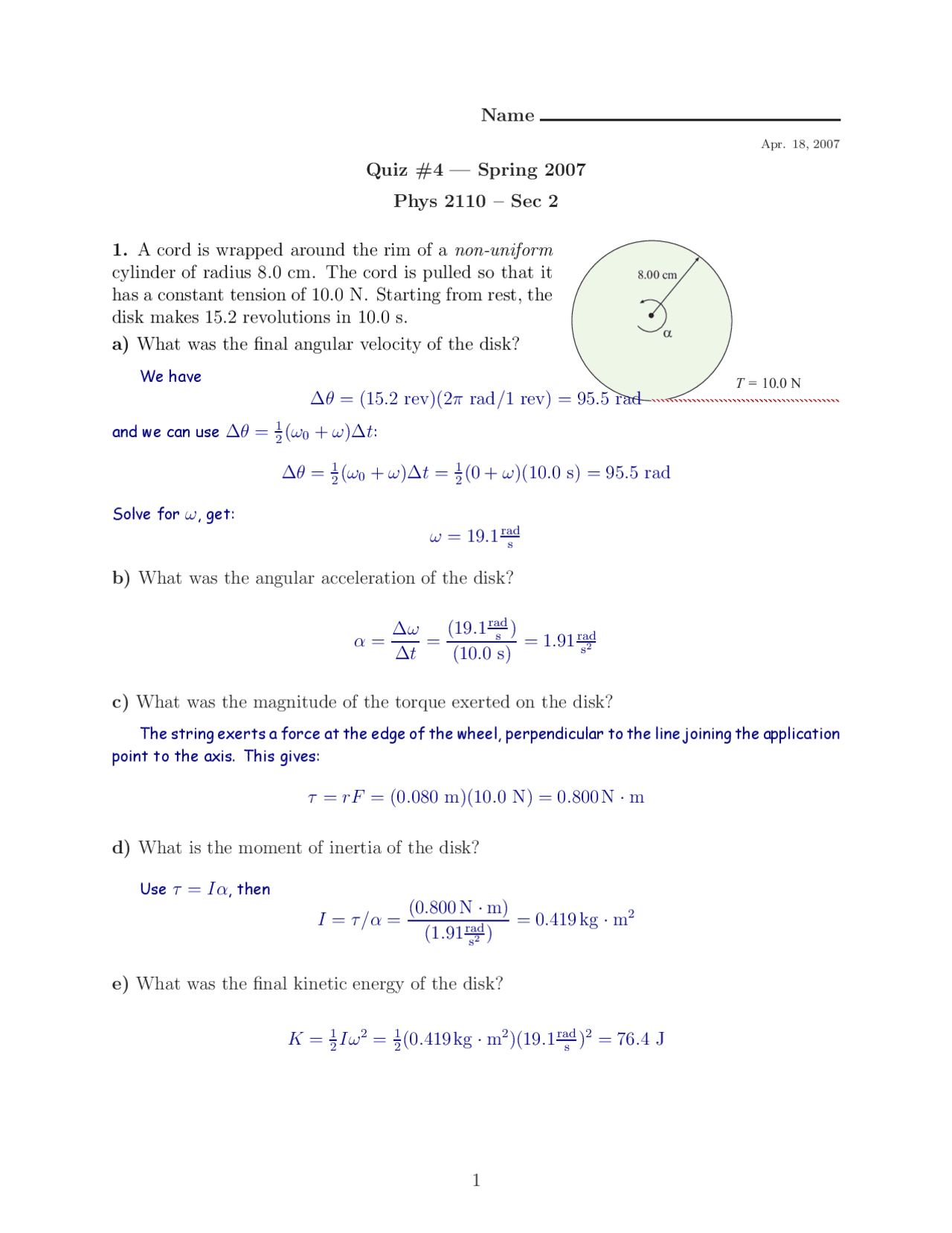 Quiz 4 With Solutions Calculus Based Physics I Phys 2110 Docsity