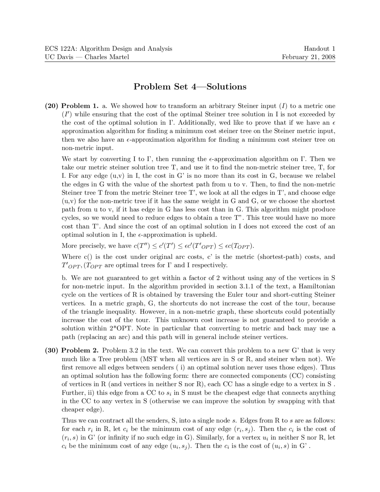 Algorithm Design And Analysis Solutions For Problem Set 4 Ecs 122a