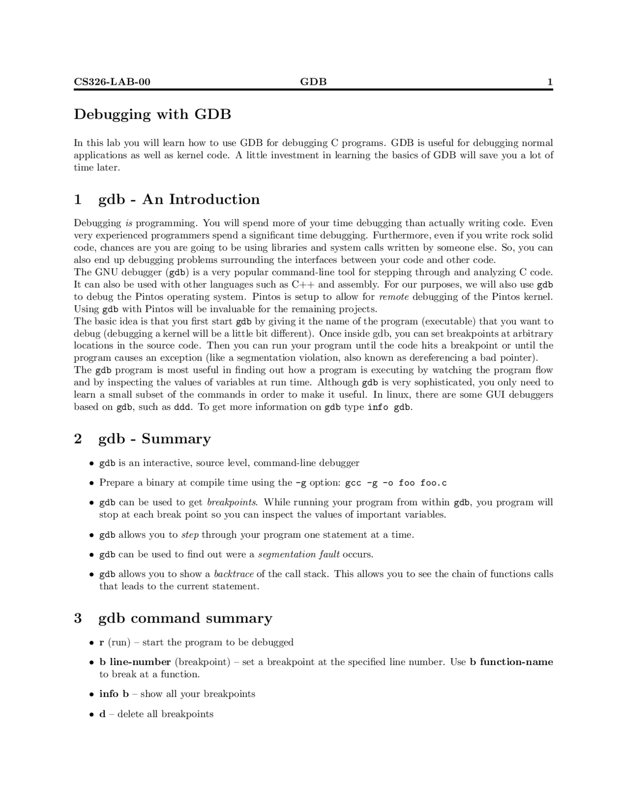 Debugging with GDB - Operating Systems - Laboratory | CS 326 - Docsity