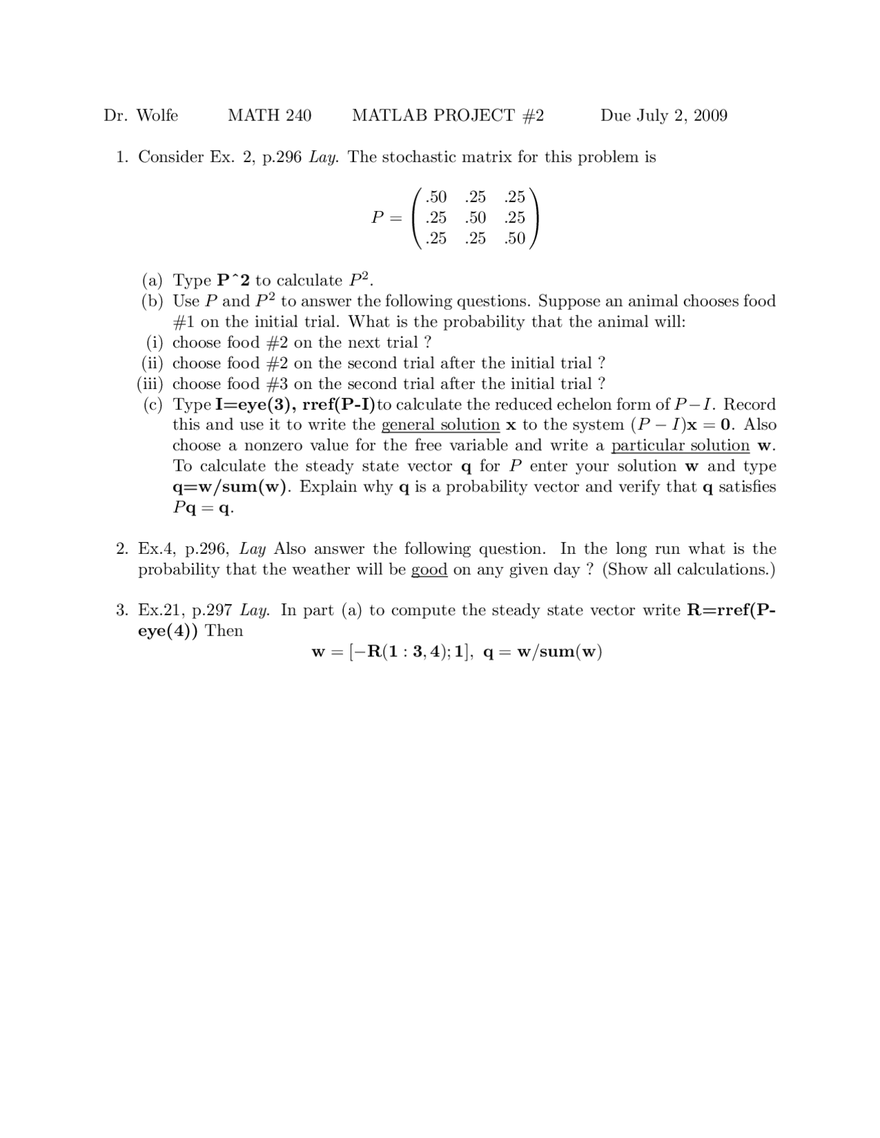 Introduction Linear Algebra Matlab Project 2 Math 240 Docsity
