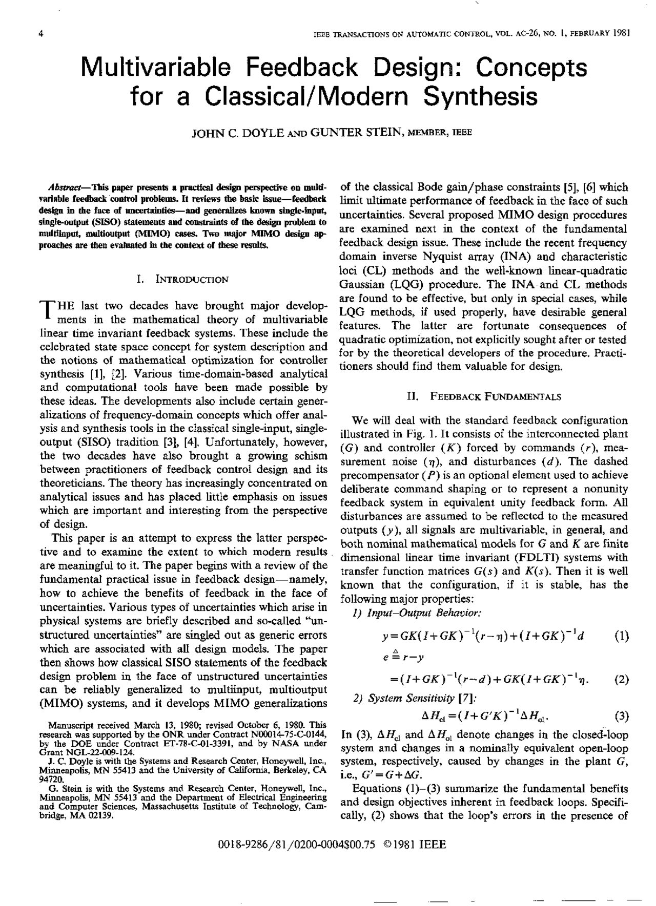 Multivariable Feedback Design: Concepts for Classical/Modern Synthesis ...