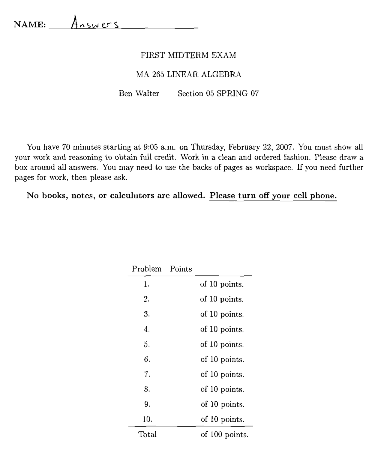 Linear Algebra - Midterm Exam Solutions | MA 26500 - Docsity