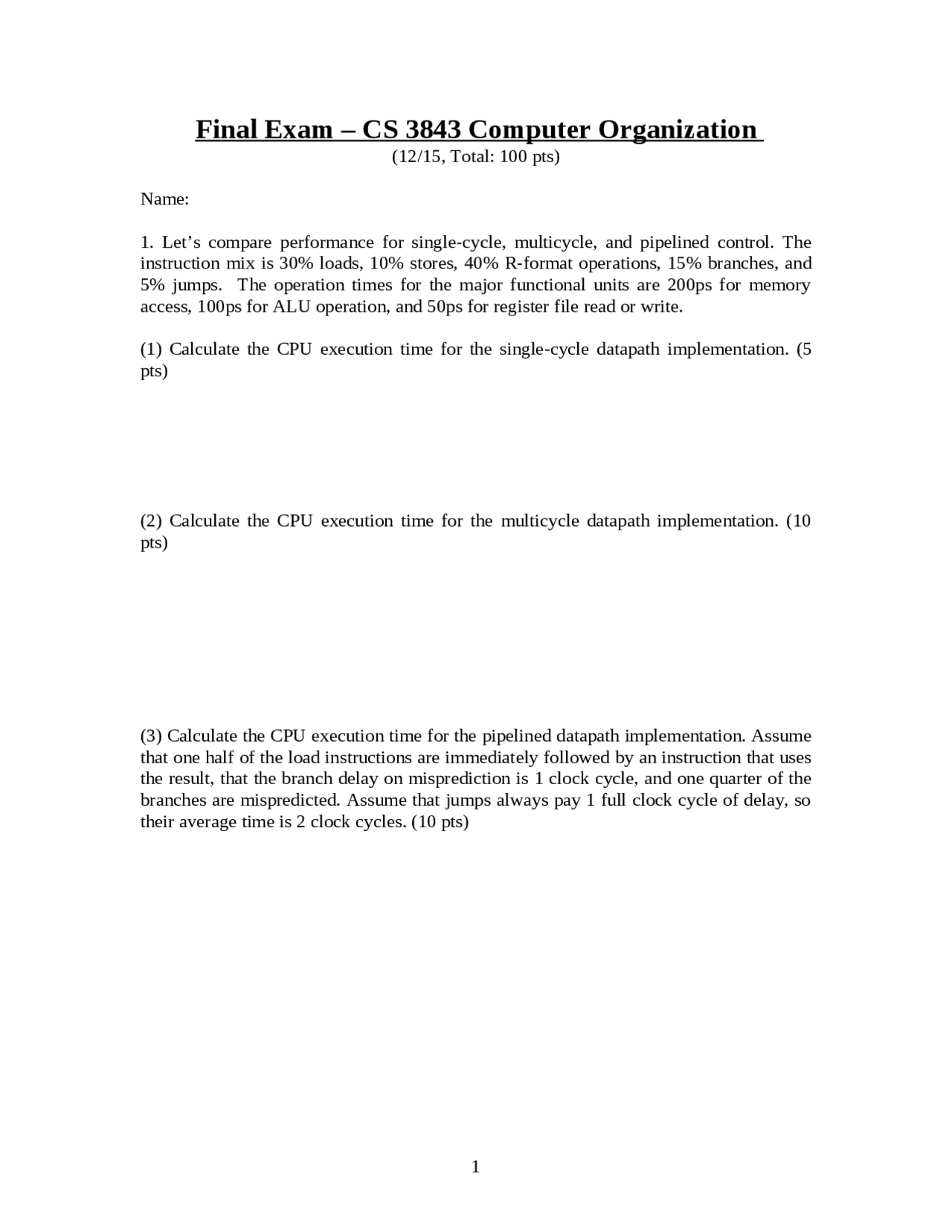 Computer Organization Final Exam Questions Cs 3843 Docsity