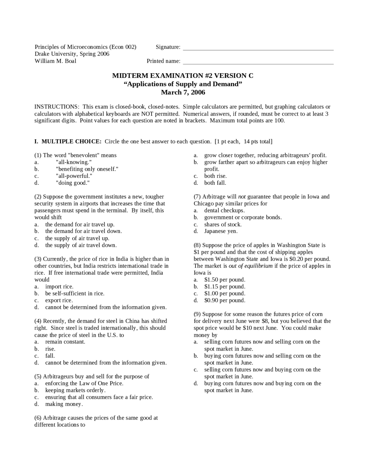 Applications Of Supply And Demand Midterm Examination 2 Version C