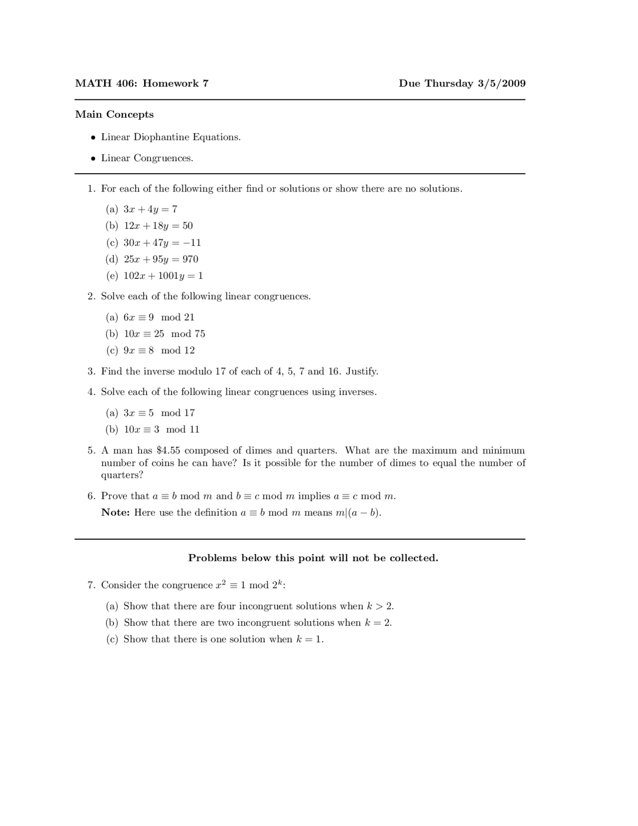 7 Questions on Linear Congruences Equations - Assignment 7 | MATH 406 - Docsity