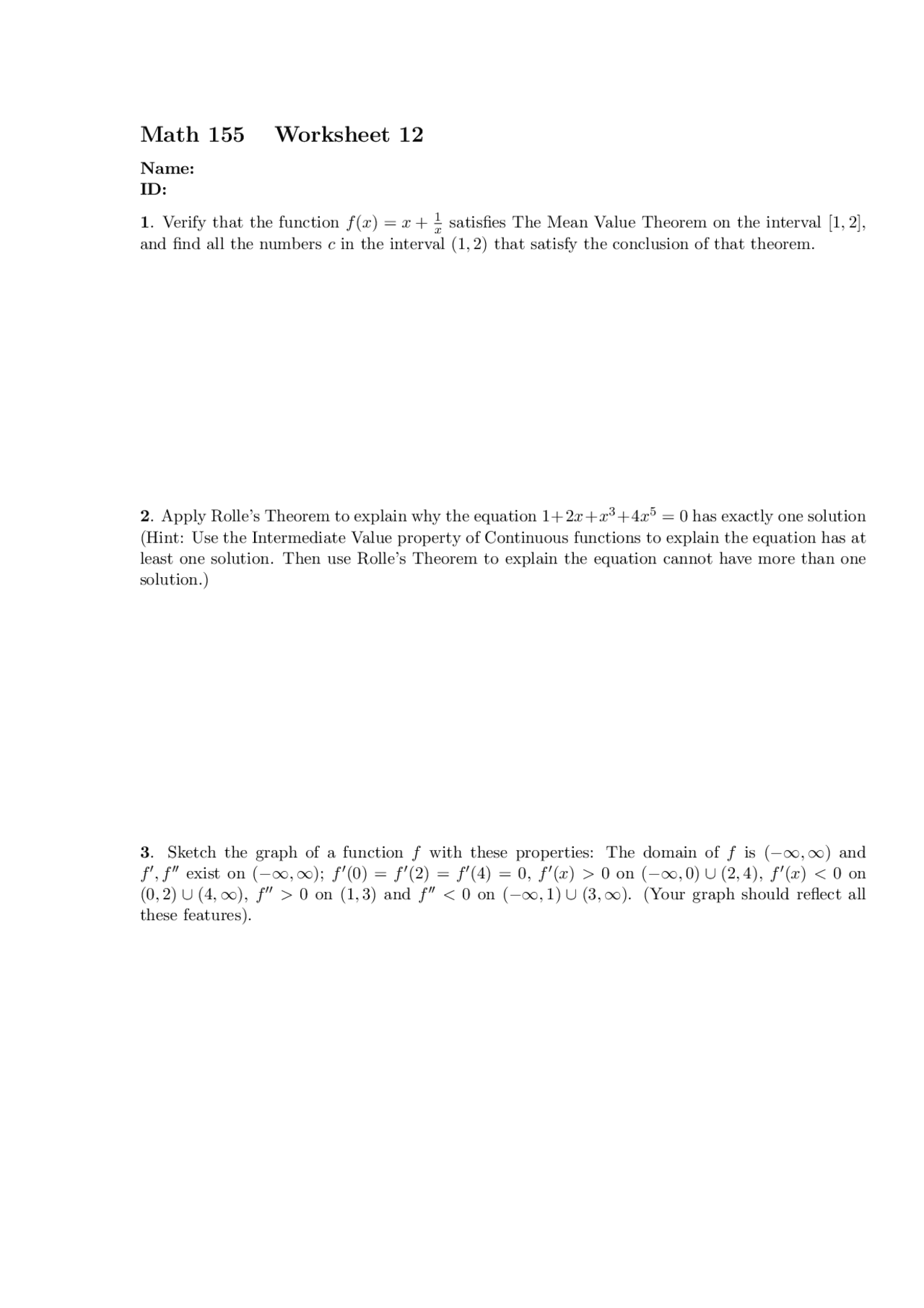 Unsolved Worksheet 12 Calculus I Math 155 Docsity