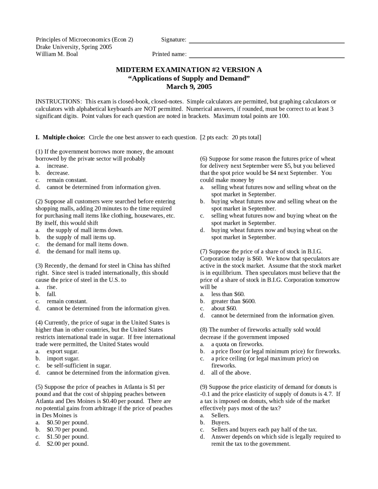 Applications Of Supply Demand Midterm Examination Ii Econ 002 Docsity
