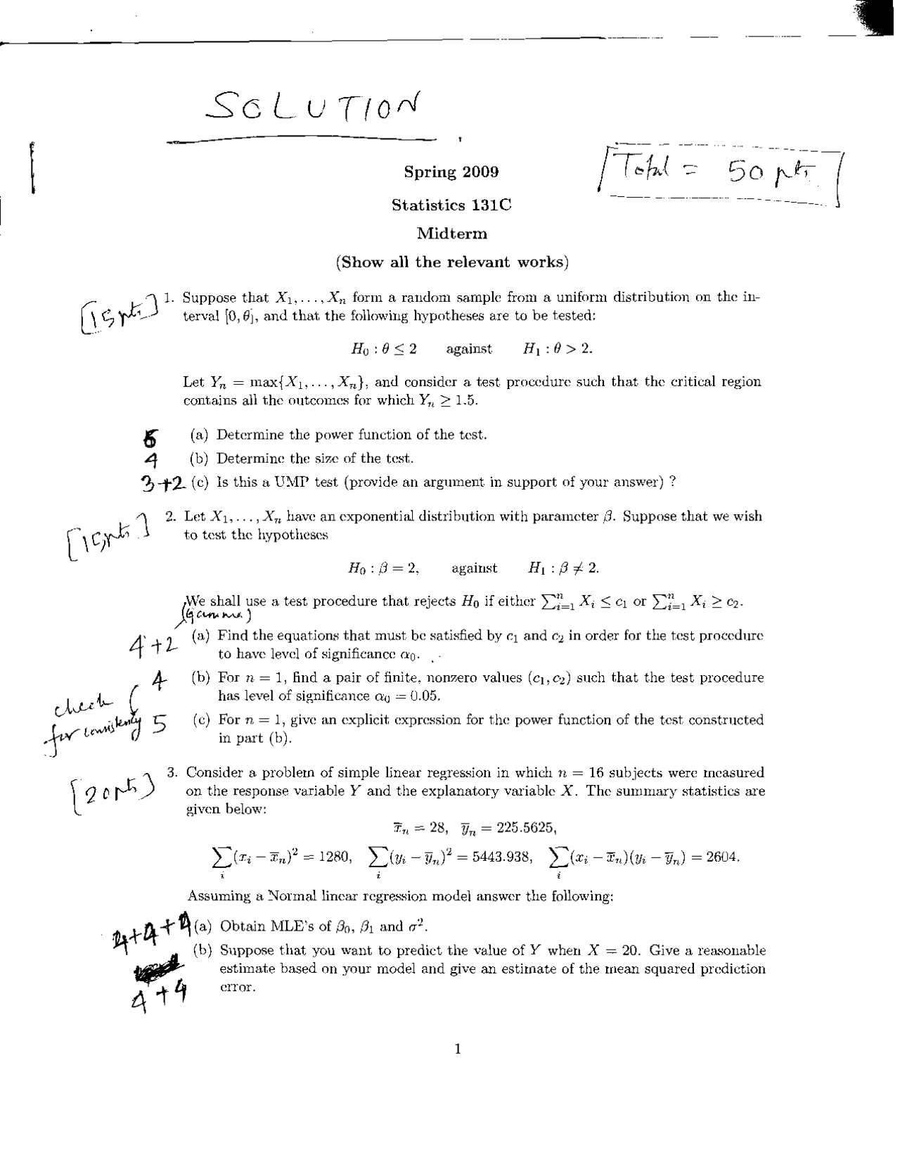 Midterm Solutions for Mathematical Statistics - Fall 2012 | STA 131C ...