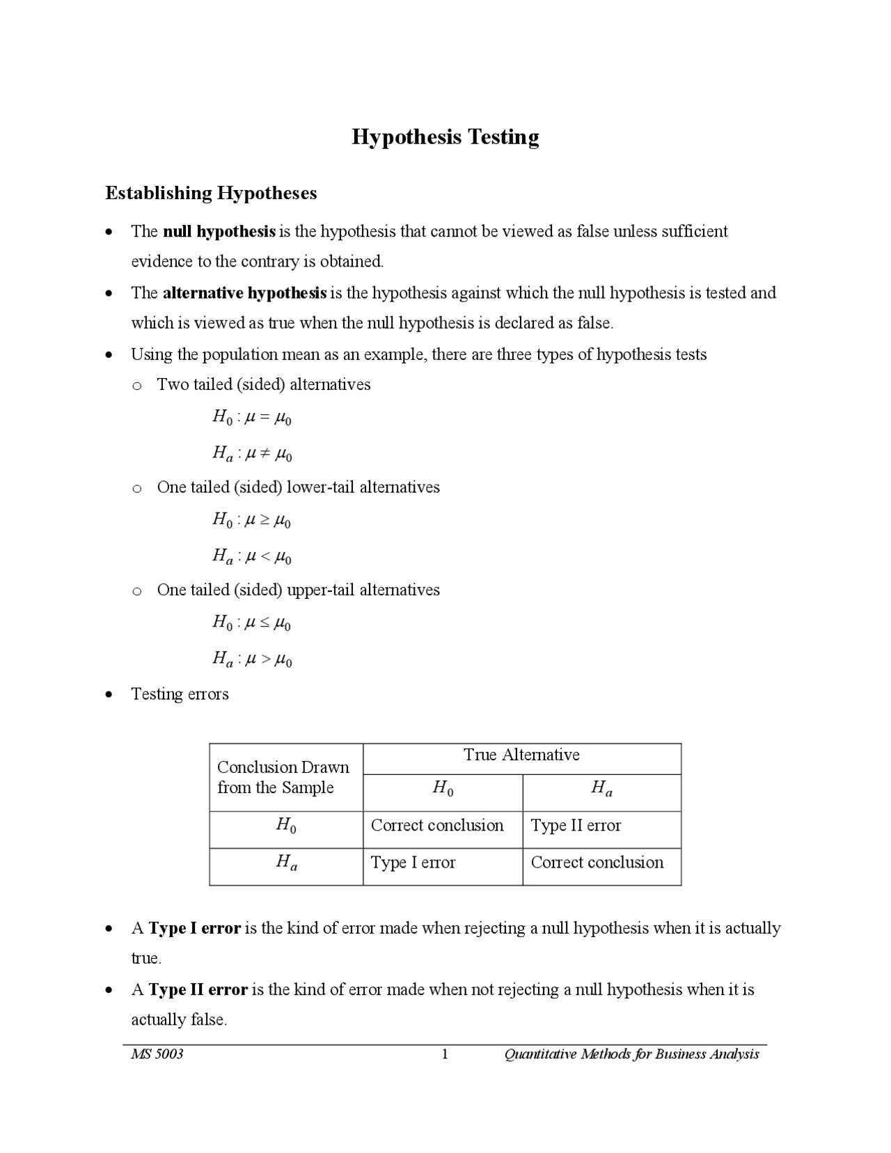 Hypothesis Testing Quantitative Methods Business Analysis Ms 5003